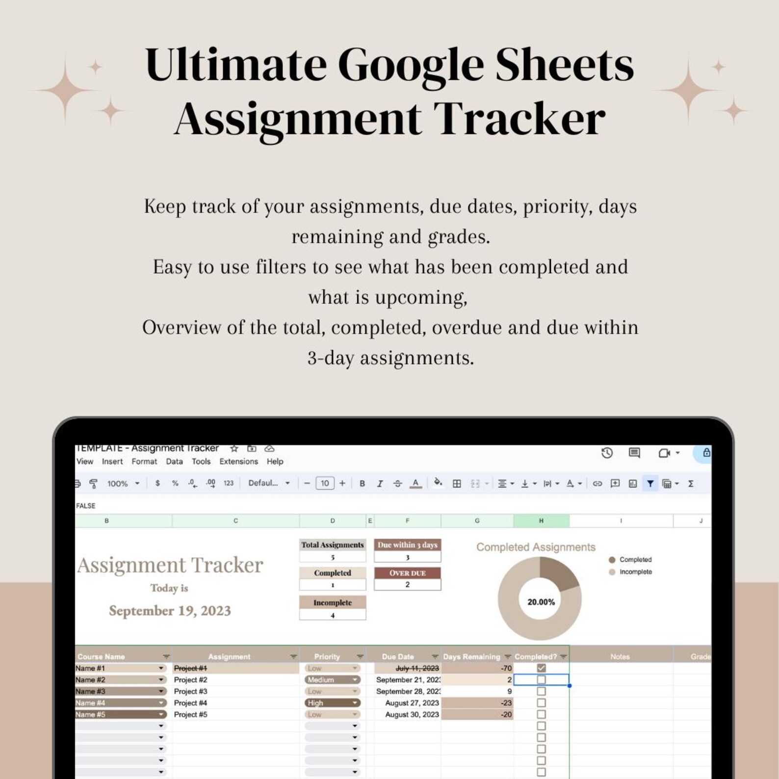 Neutral Assignment Tracker | School Assignment Planner | Google Sheets ...