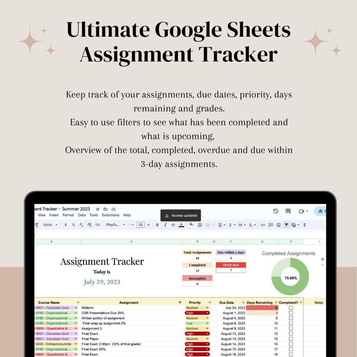 Assignment Tracker | School Assignment Planner | Google Sheets ...