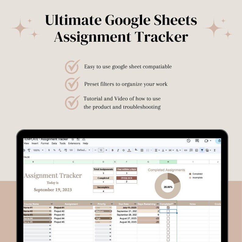Neutral Assignment Tracker | School Assignment Planner | Google Sheets | Homework Planner ...