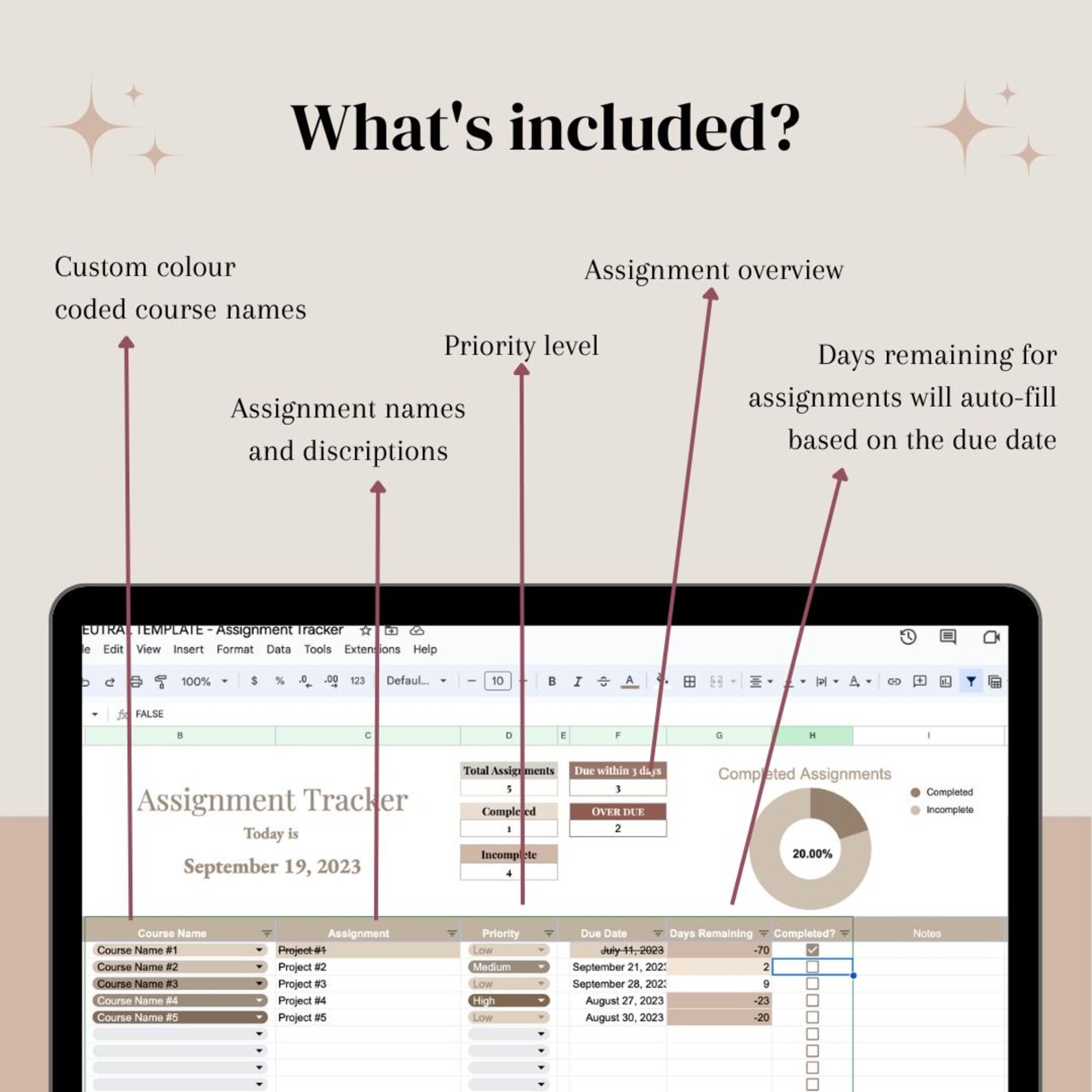 Neutral Assignment Tracker | School Assignment Planner | Google Sheets ...