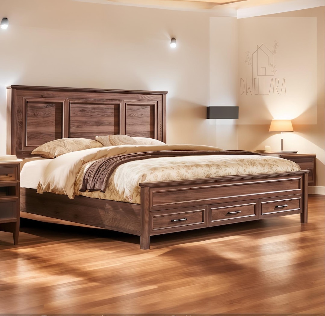 Modern Farmhouse Wood Bed, Queen Size Bed Frame Solid Wood, Wooden ...