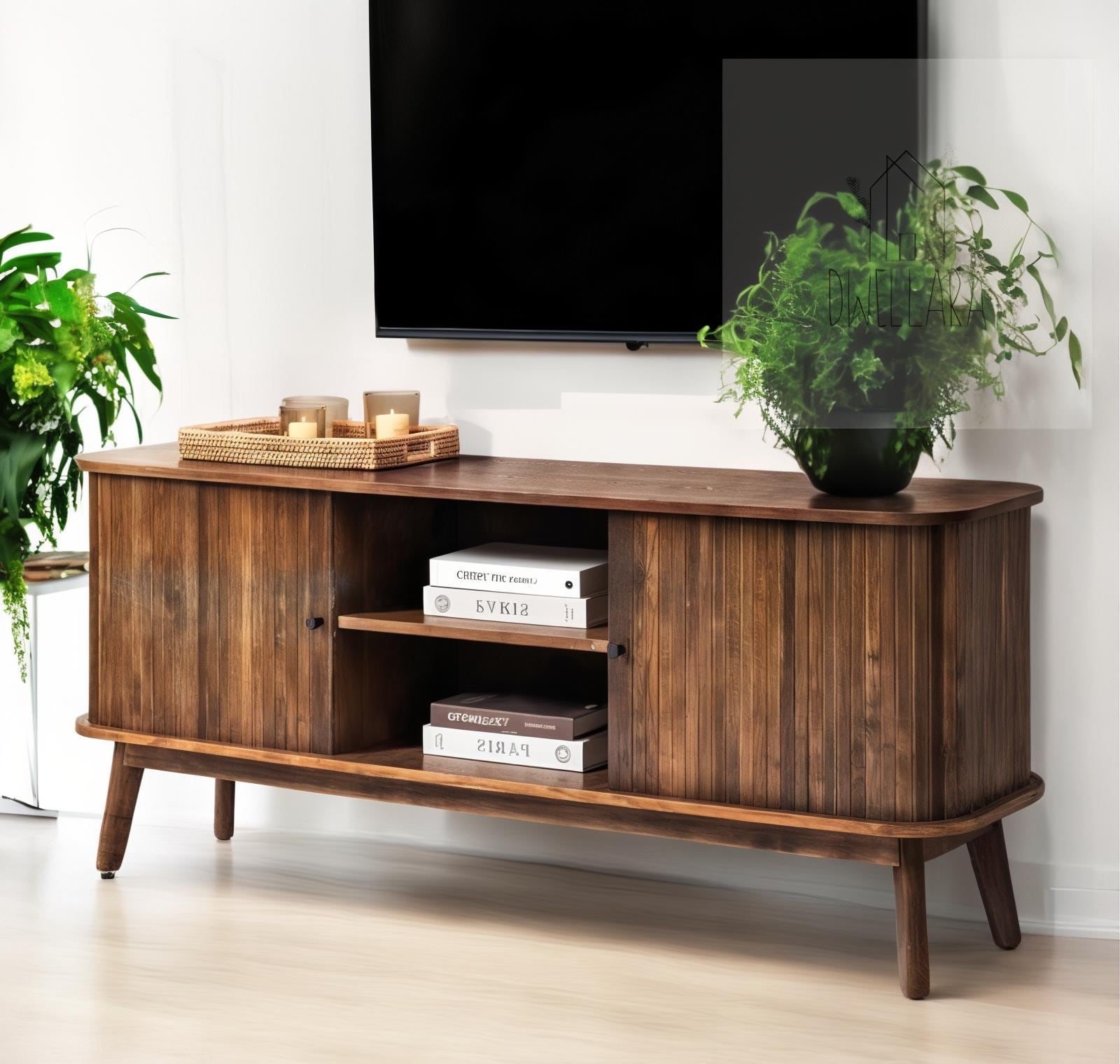 Walnut Wood TV Cabinet, Living Room Cabinet Solid Wood, Mid Century ...