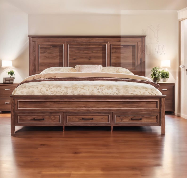 Modern Farmhouse Wood Bed, Queen Size Bed Frame Solid Wood, Wooden ...