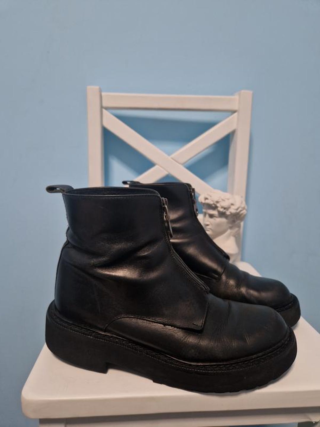 Minelli Italian Leather Biker Boots Black Side Zip Combat Boots Made in ...