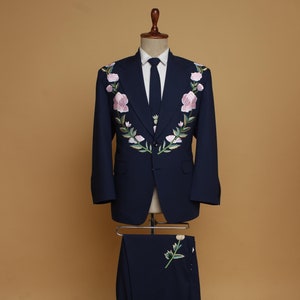 Men's Rose Floral Embroidered Black Cotton Wedding Suit Custom Made ...