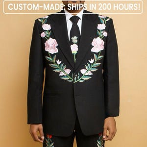 Men's Rose Floral Embroidered Black Cotton Wedding Suit Custom Made ...