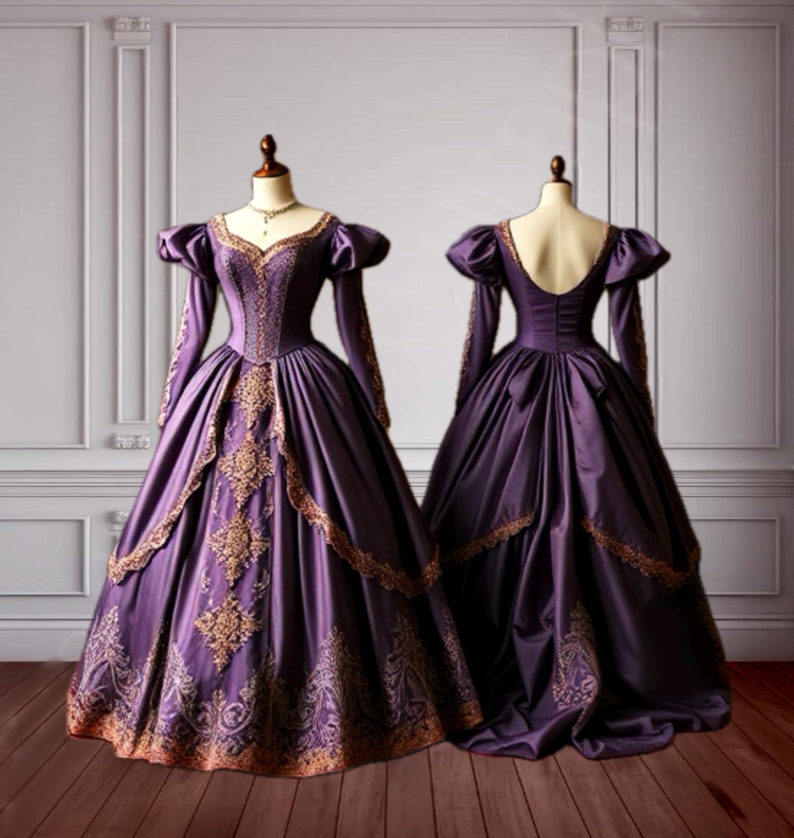 18th Century Rococo Purple Gown Elegant Baroque Gold Trimmed Dress for ...