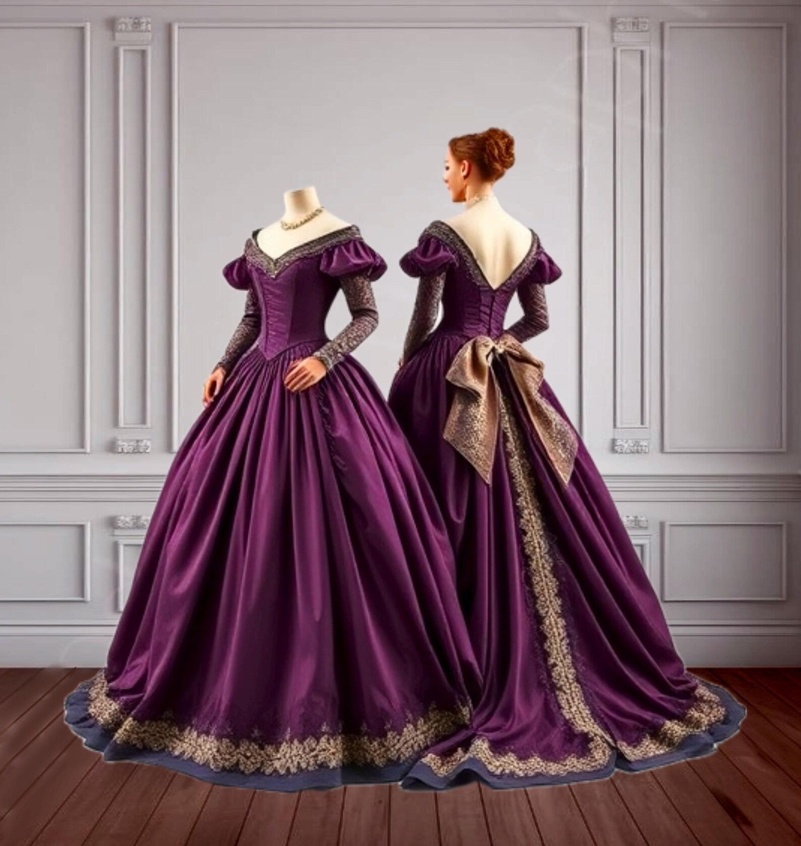 18th Century Rococo Purple Gown Elegant Baroque Gold Trimmed Dress for ...