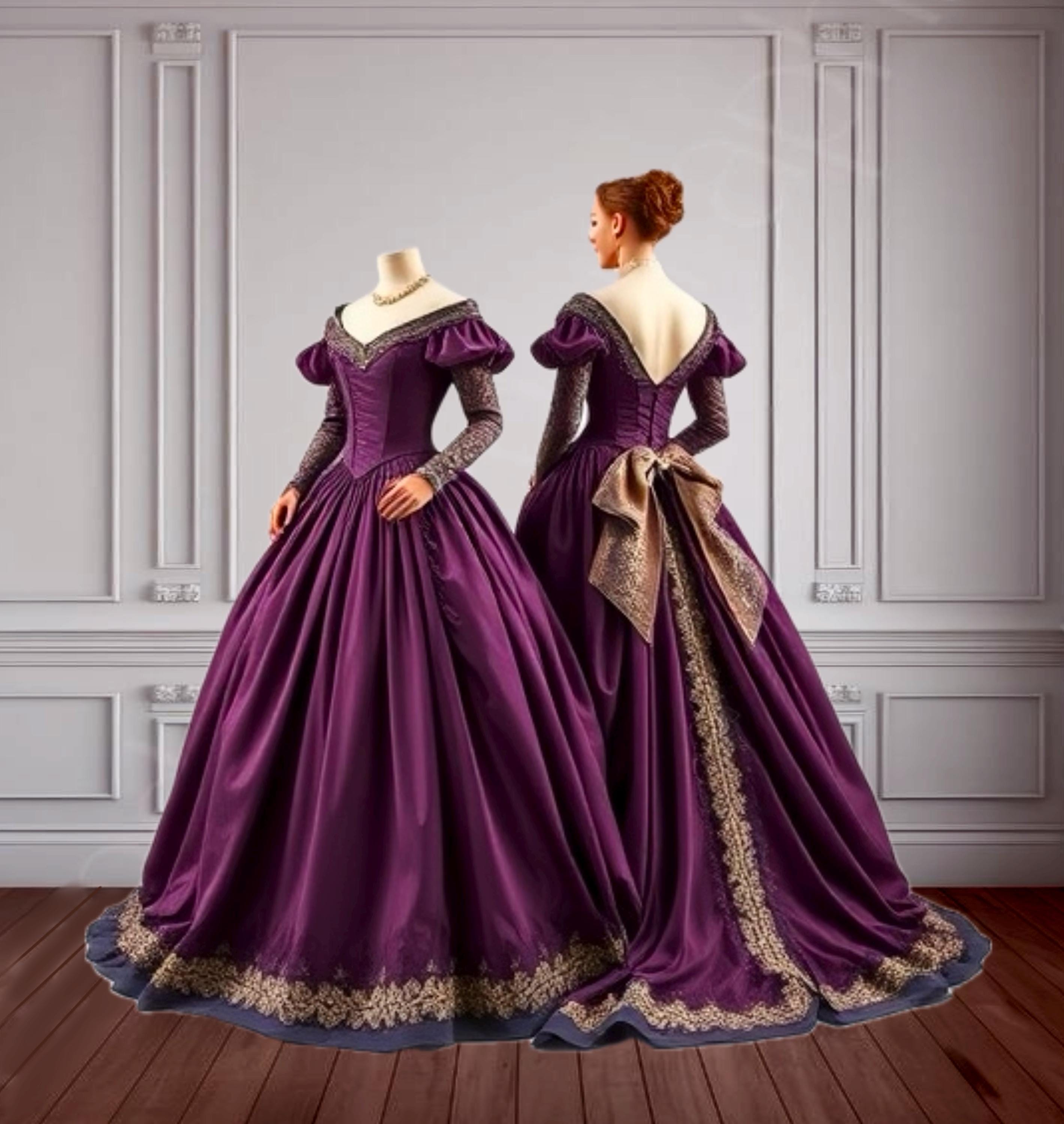 18th Century Rococo Purple Gown Elegant Baroque Gold Trimmed Dress for ...