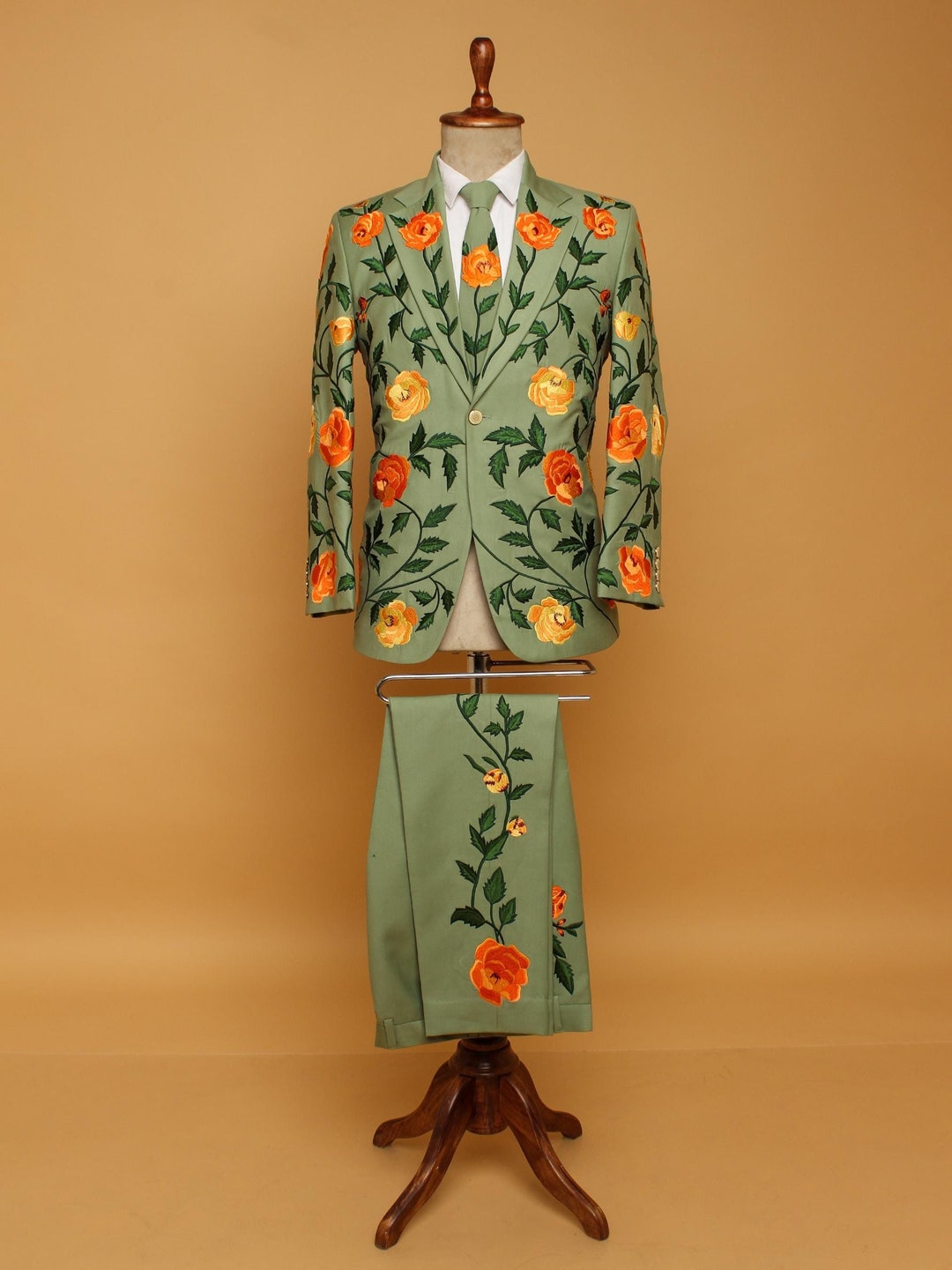 Custom Green Floral Embroidered Cotton Suit: Country Western Wedding ...
