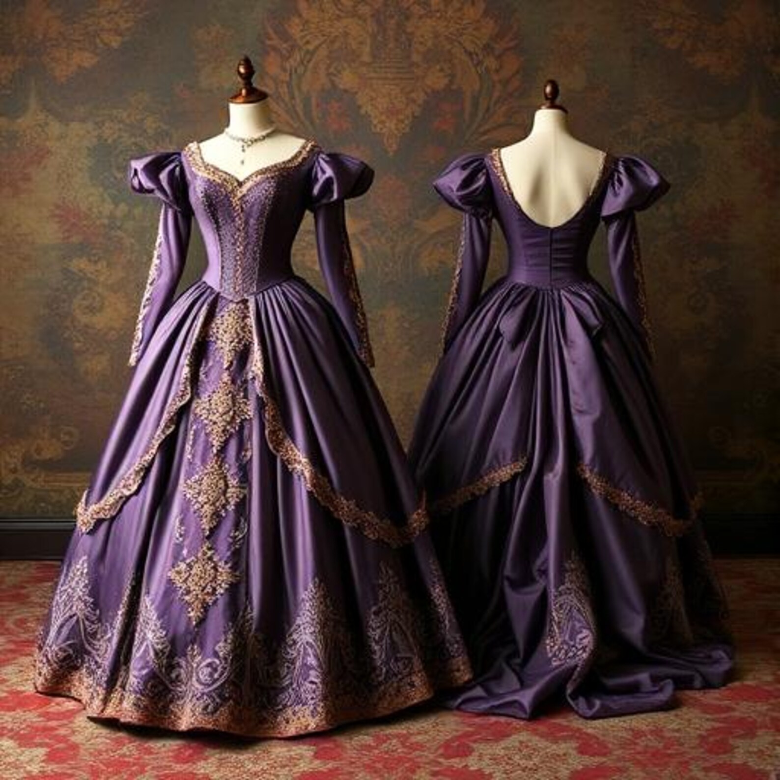 18th Century Rococo Purple Gown Elegant Baroque Gold Trimmed Dress for ...