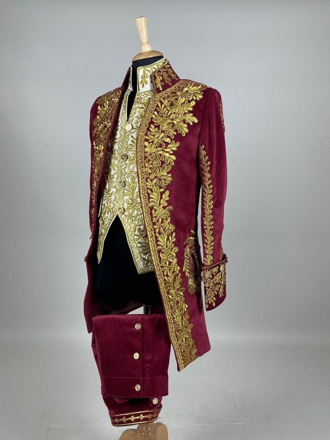 Men Red Velvet 3pc Rococo Costume Custom Made Gold Embroidered Metallic ...