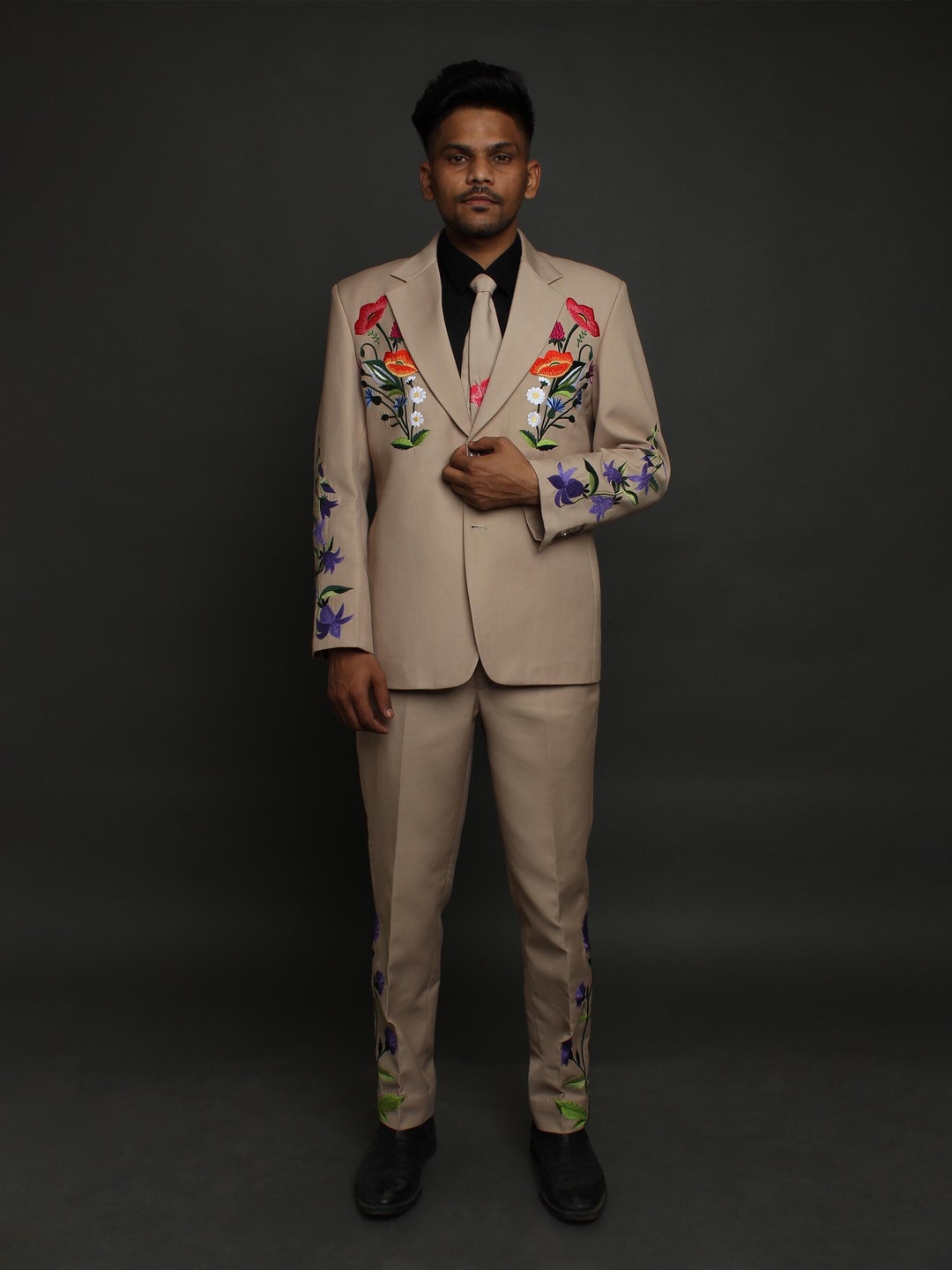 Men's Custom Made 2 Piece Cotton Beige Wedding Prom Party Suits Floral ...
