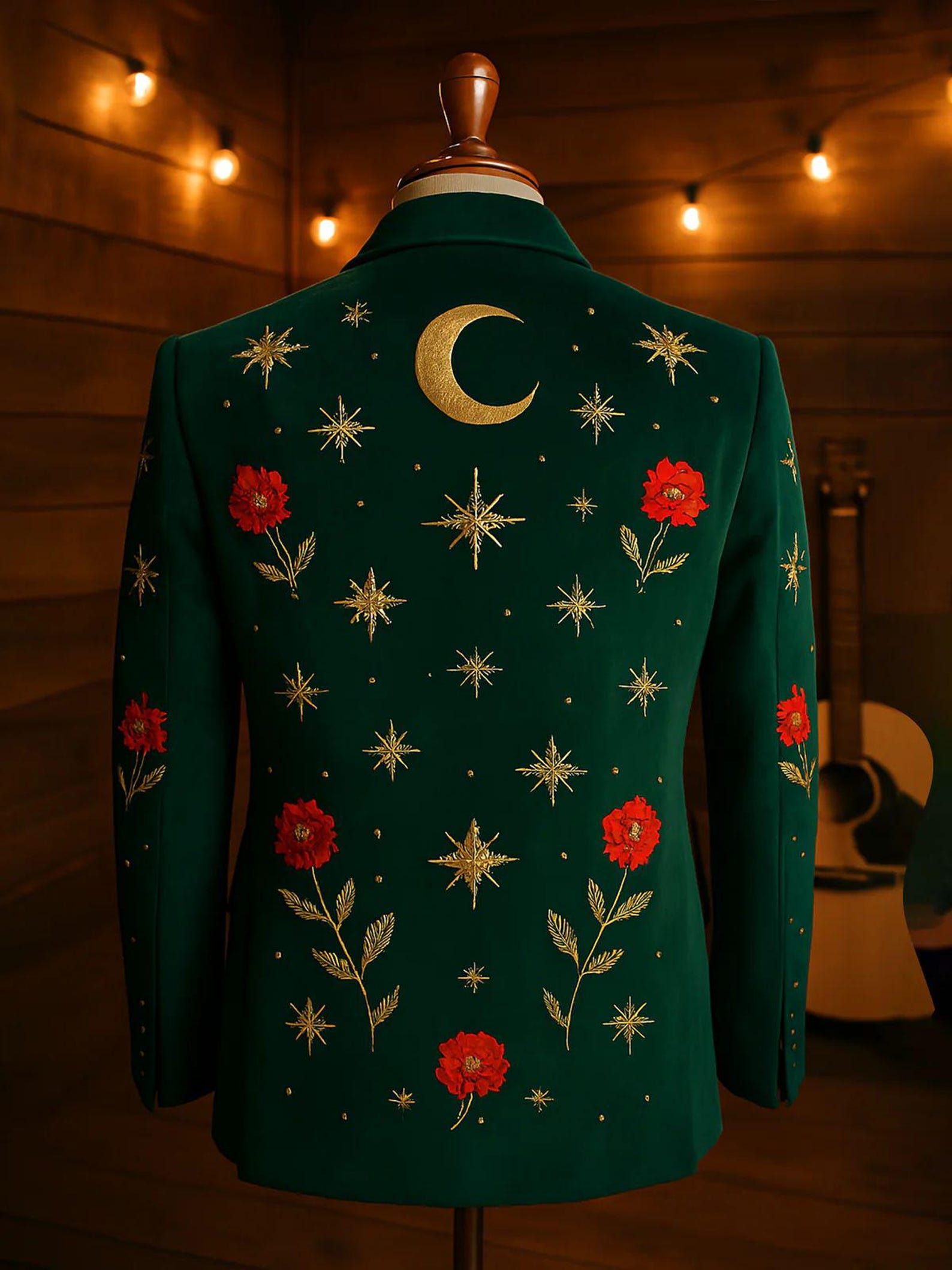 Emerald Green Velvet Blazer: Golden Embroidered Celestial Groom Jacket ...