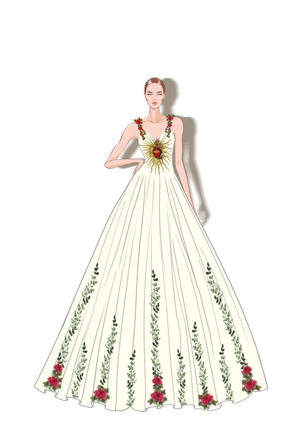 Ivory Satin Crepe Gown: Floral Sacred Heart Embroidered Western Dress ...