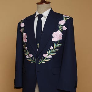 Men's Rose Floral Embroidered Black Cotton Wedding Suit Custom Made ...