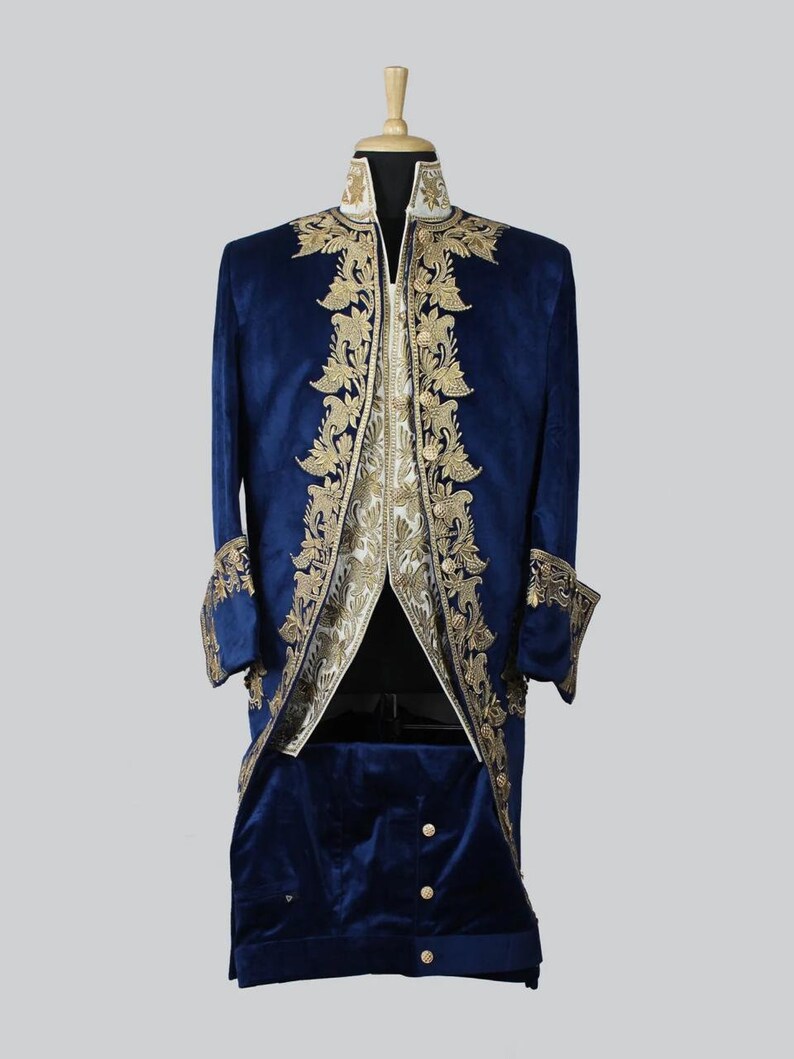 Men's Custom Rococo Costume: Blue Velvet, Gold Embroidered 3-piece Suit ...