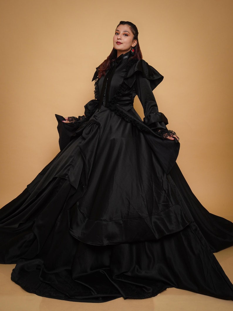 Black Satin Victorian Gothic Dress: Regal Mourning Gown With Hand Cuffs ...