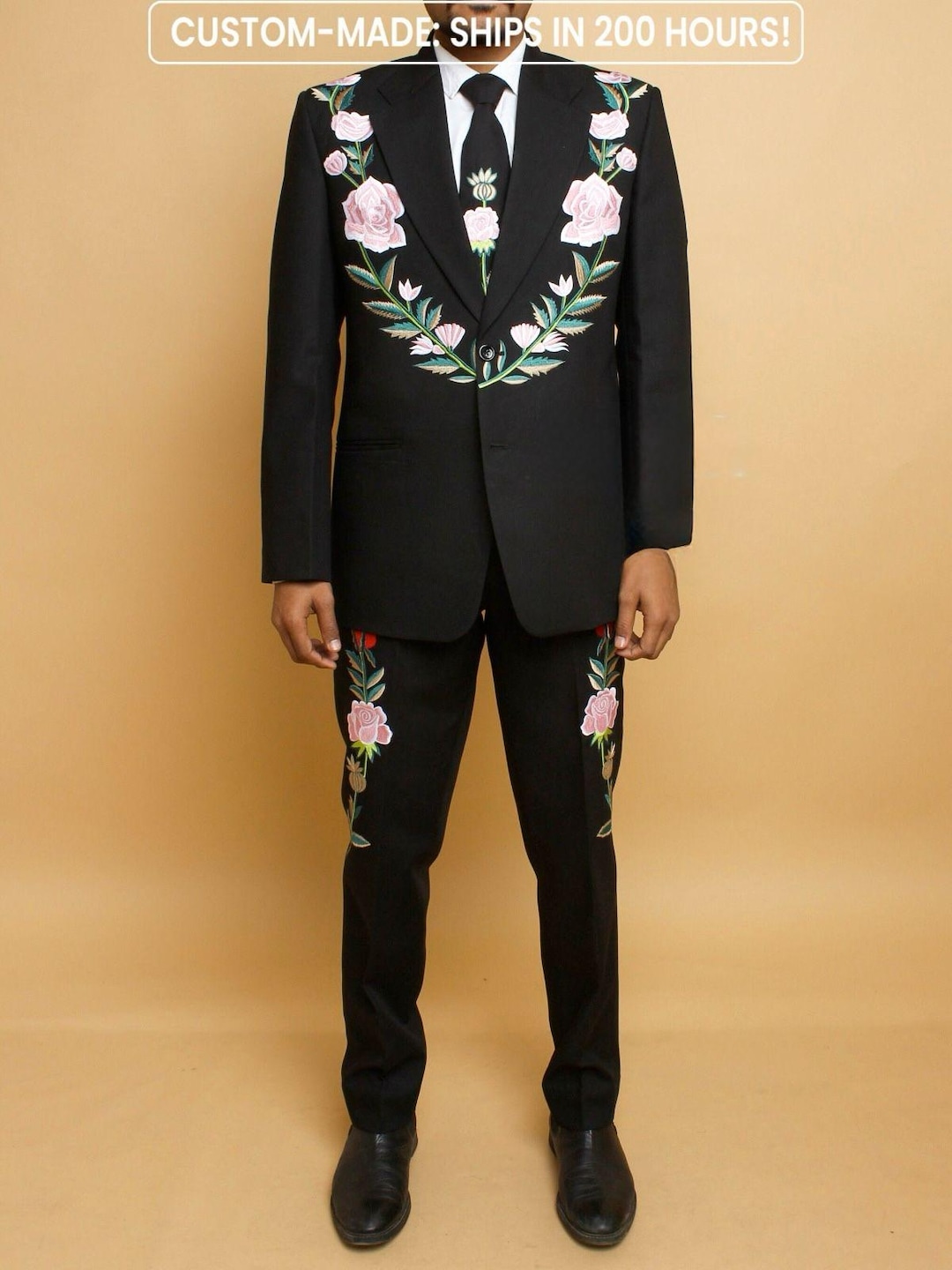 Men's Rose Floral Embroidered Black Cotton Wedding Suit Custom Made ...