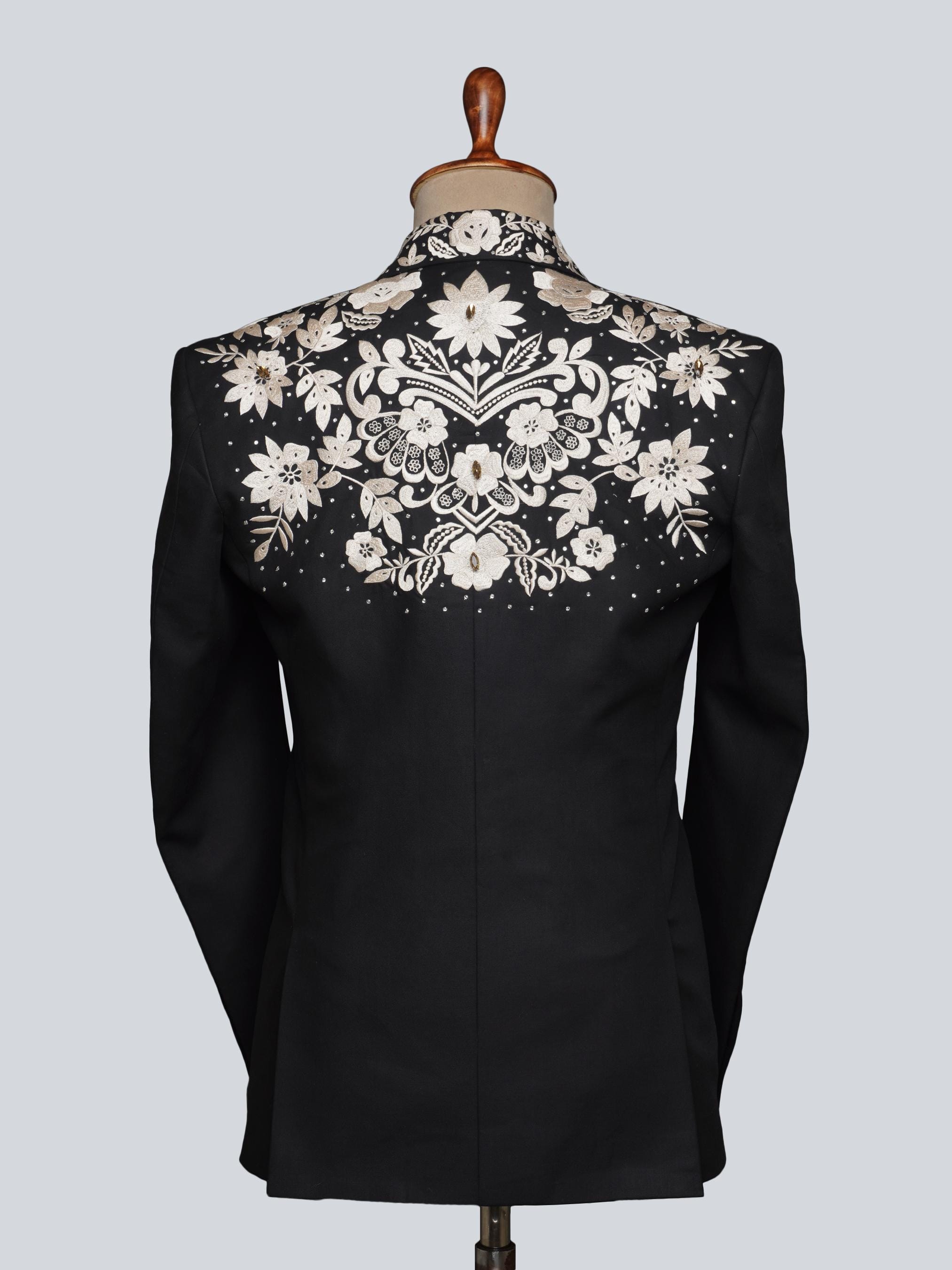 Men Custom Made Designer Wedding Black Blazer Ivory Embroidered ...