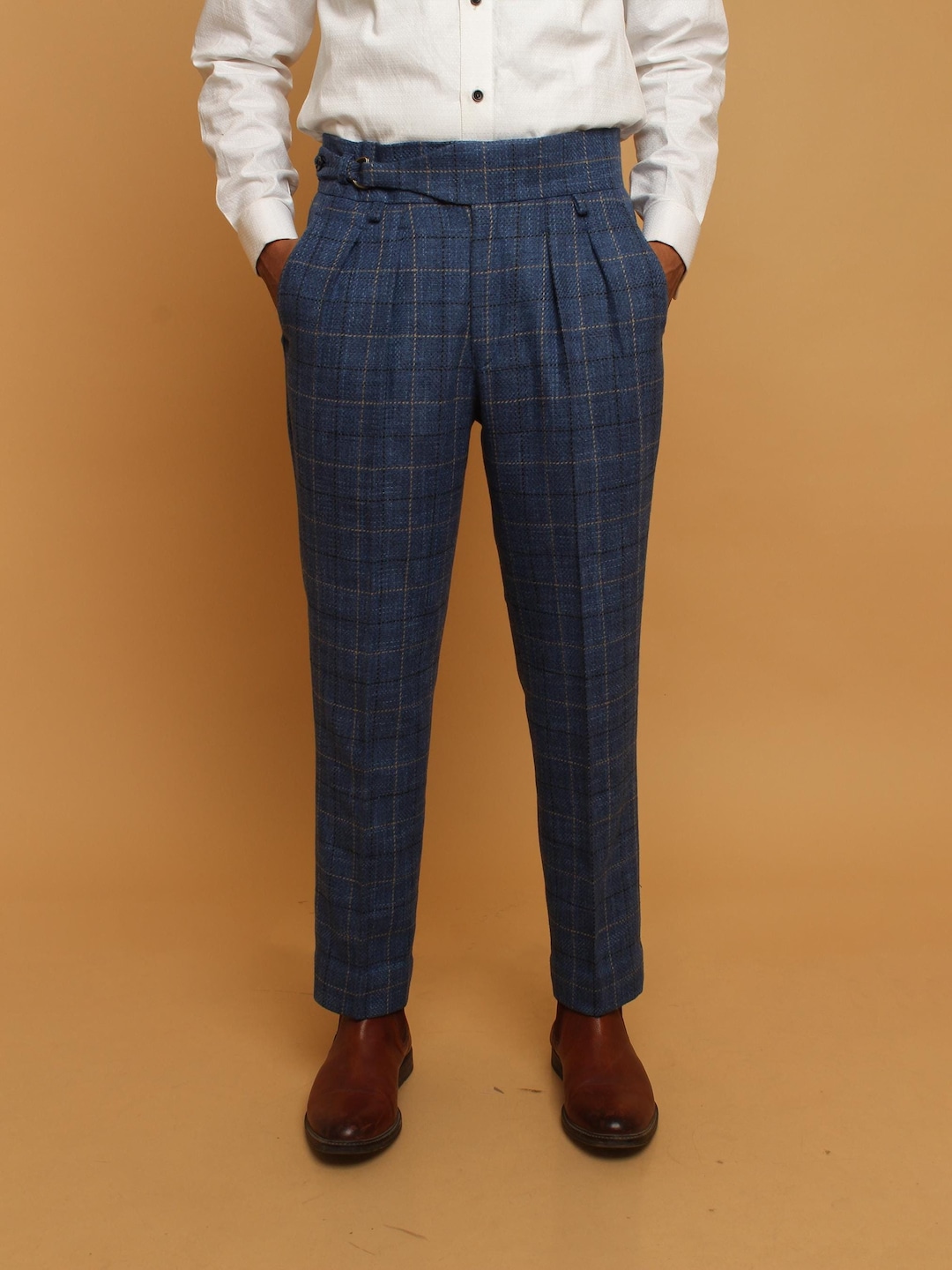 Men's Blue Wool D-buckled Gurkha Pants Custom Made Double Pleated ...