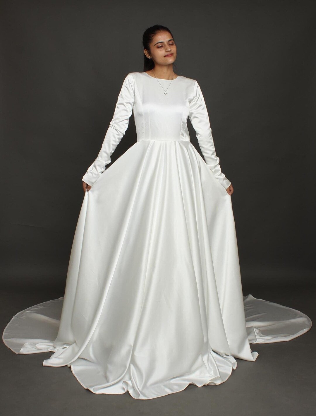 Modest Satin Wedding Dress With Long Sleeves, Elegant Ivory Bridal Gown ...