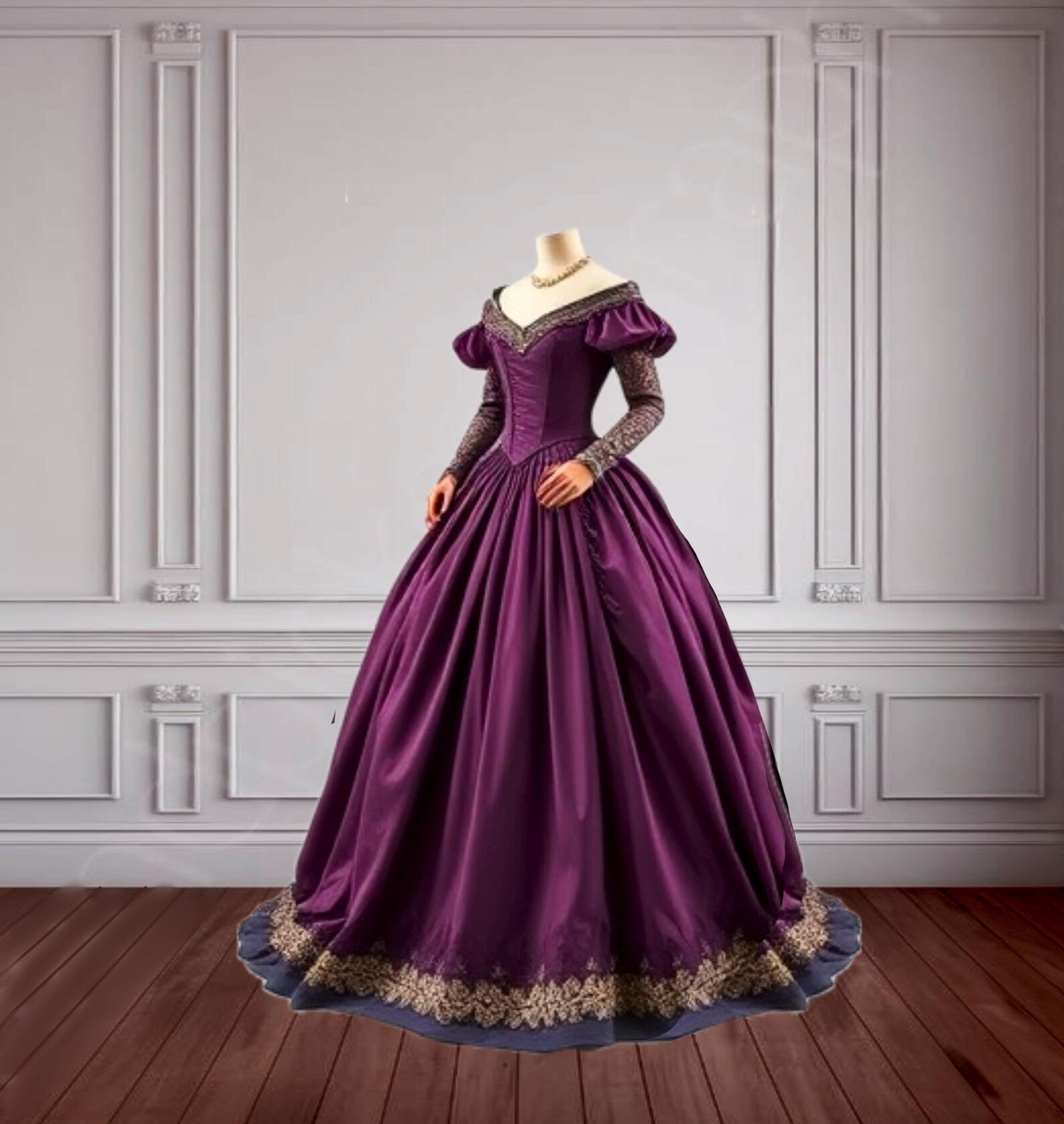 18th Century Rococo Purple Gown Elegant Baroque Gold Trimmed Dress for ...