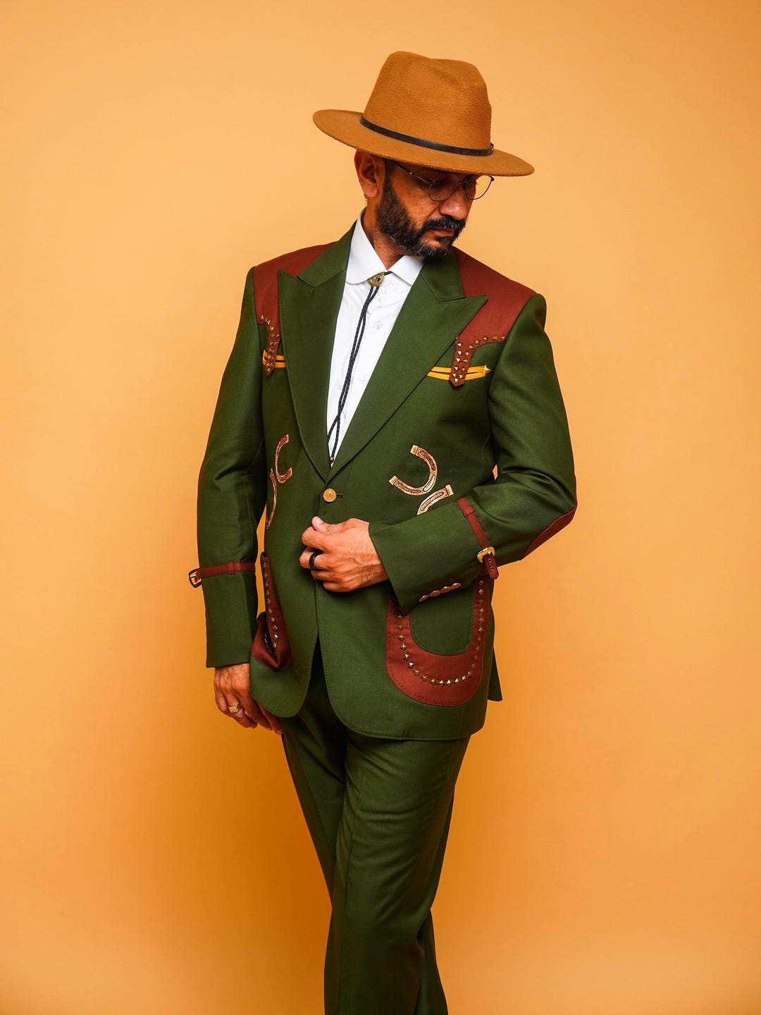 Men's Evergreen Cowboy Suit: Custom Horseshoe Embroidery, Gold Studded ...