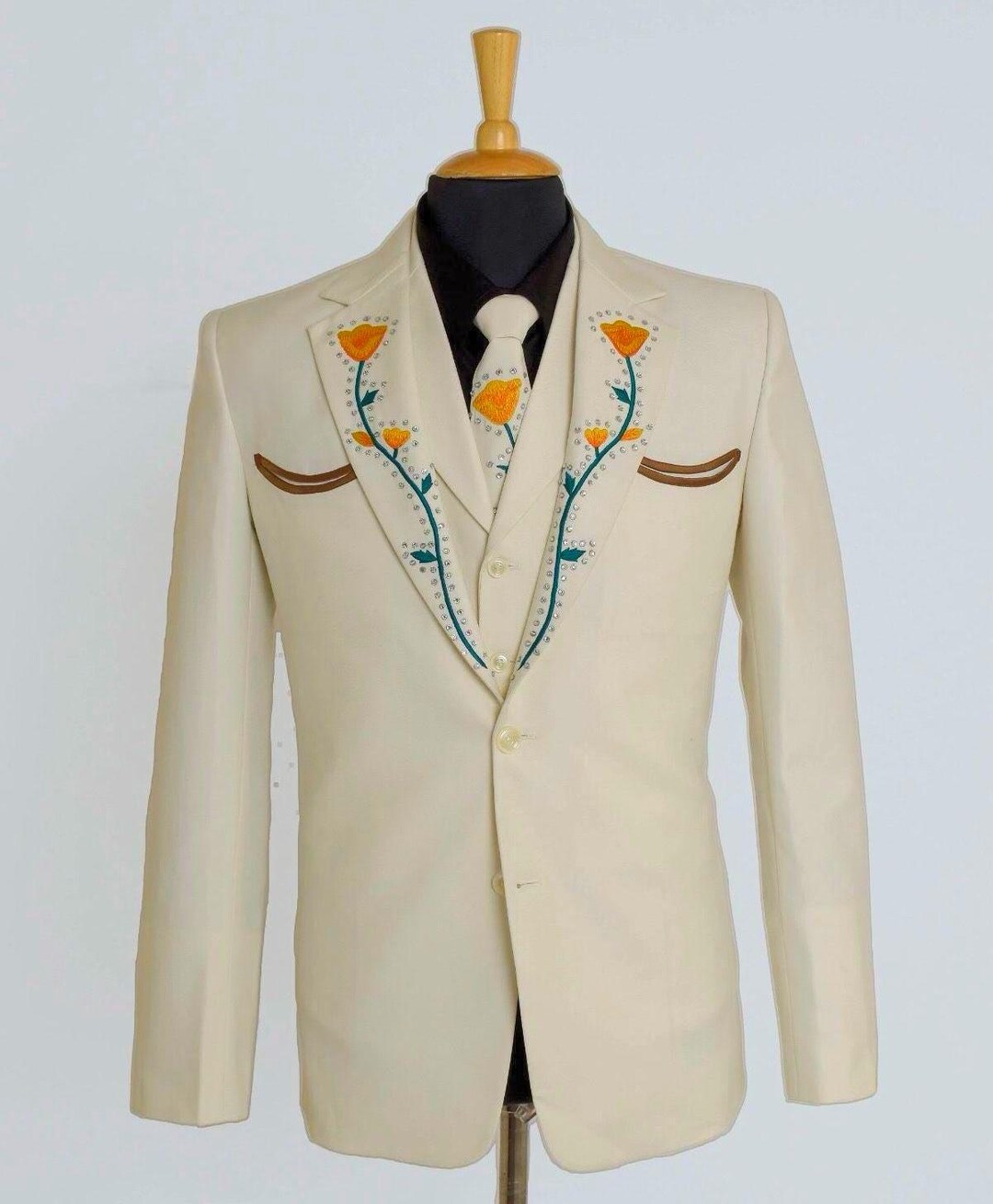 Men Custom Made 3 Piece Embroidered Wedding Suit Ivory Cotton Western ...