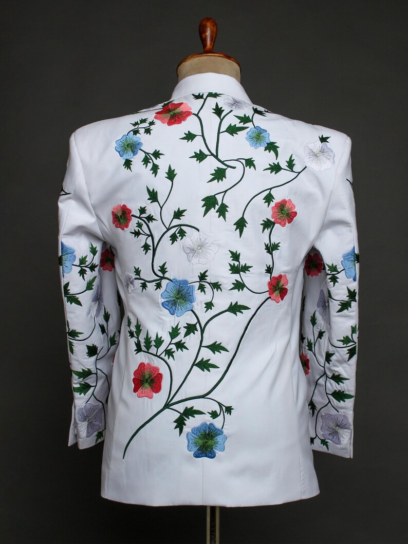Men's Custom Made 2 Piece White Cotton Wedding Western Suit Premium Floral Embroidered Blazer ...