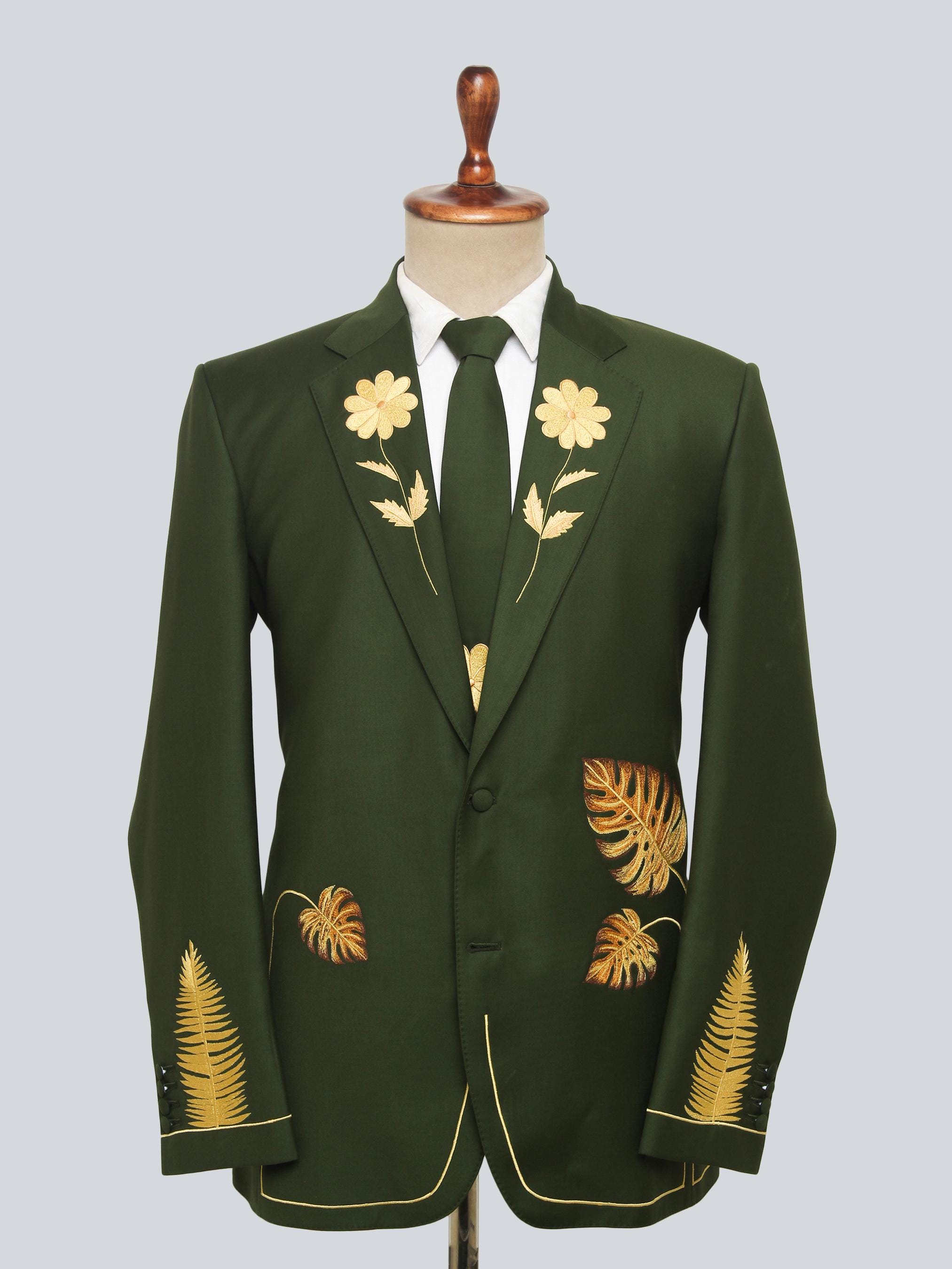 Men's 2 Piece Evergreen Wedding Western Suit Set Custom Made Gold Leaf ...