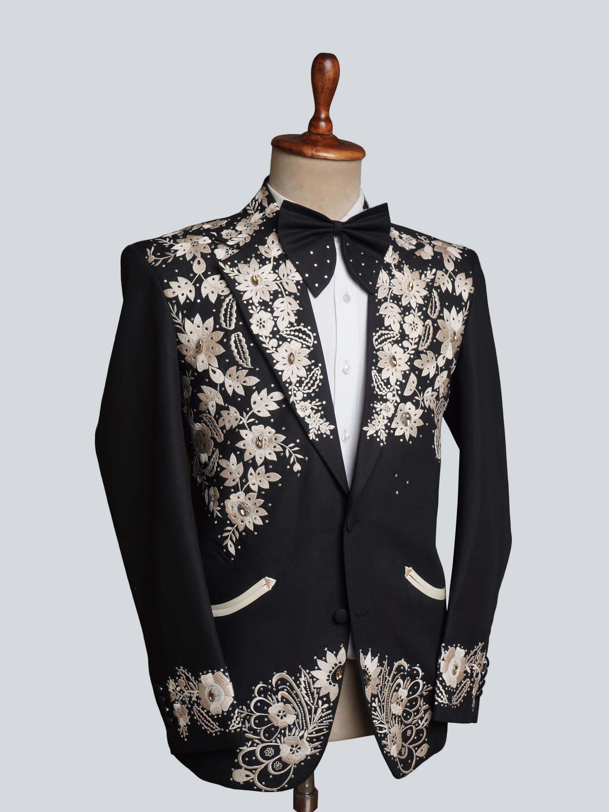 Men Custom Made Designer Wedding Black Blazer Ivory Embroidered ...