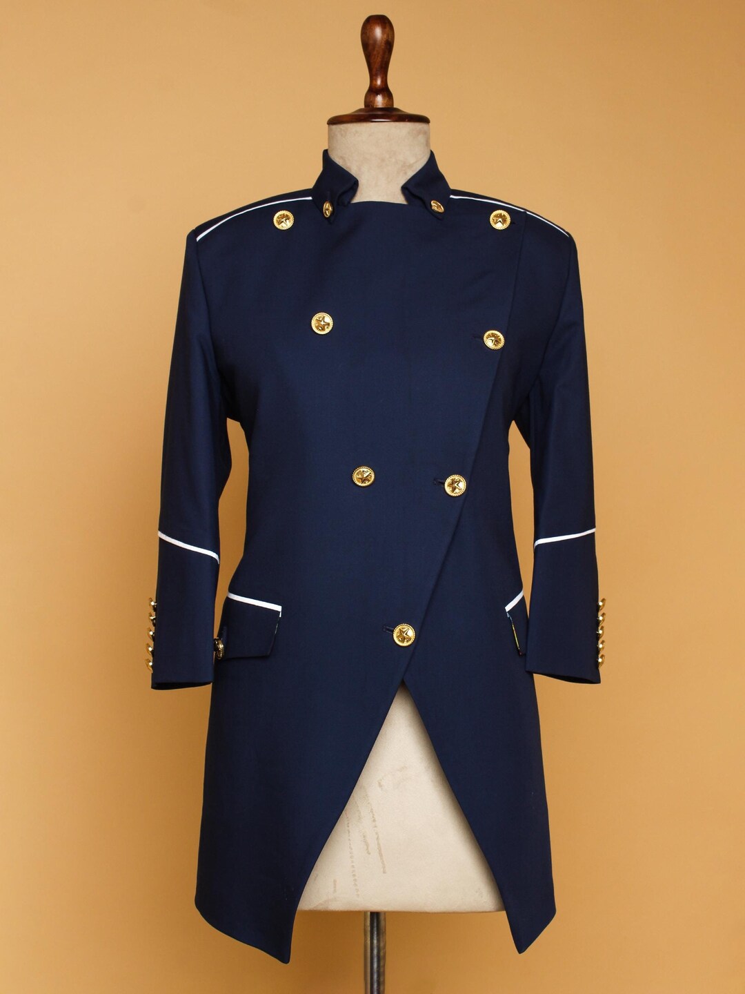 Women's Bespoke Blue Military Long Jacket Premium Cotton Stand Collar ...