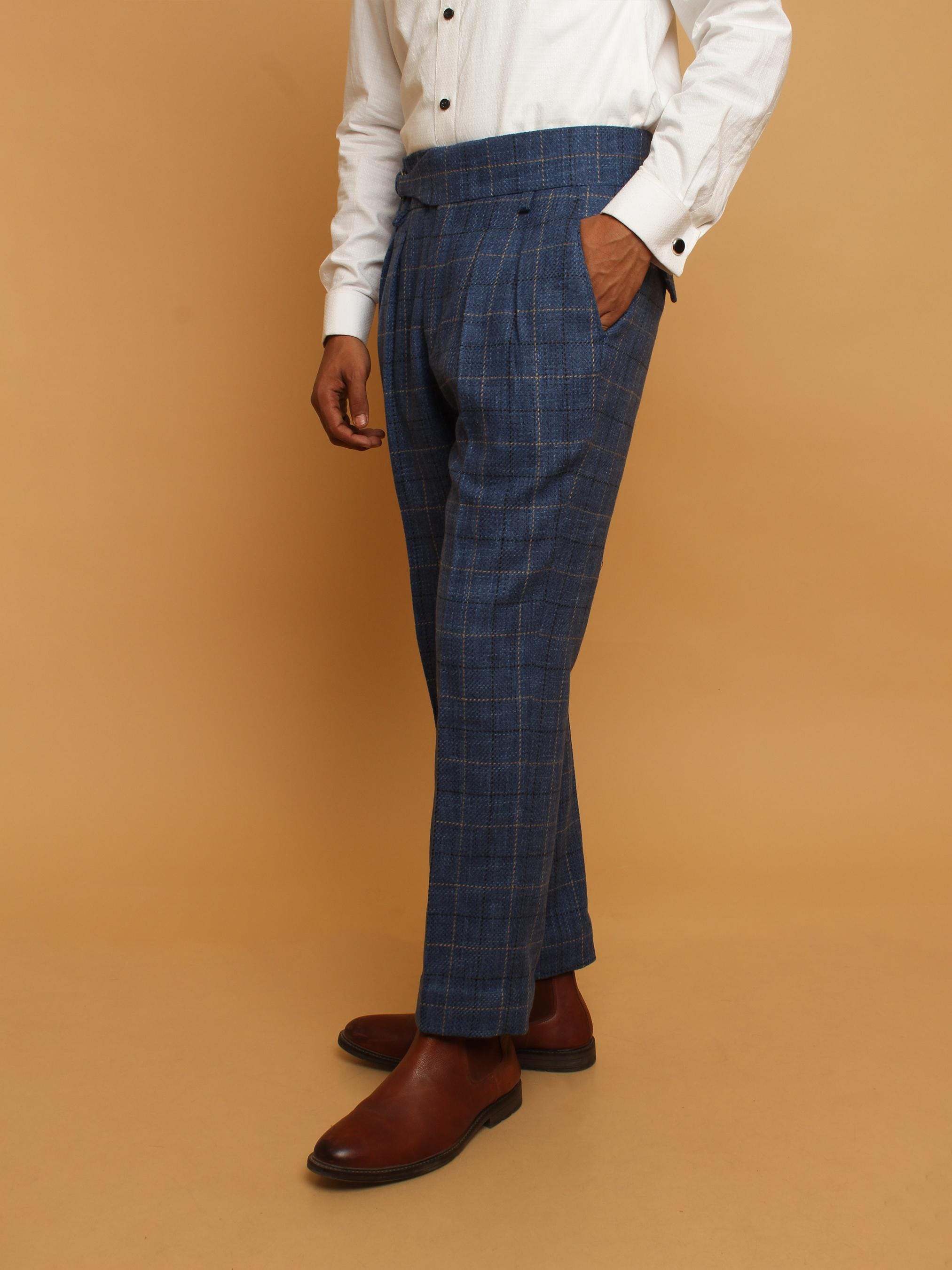 Men's Blue Wool D-buckled Gurkha Pants Custom Made Double Pleated ...