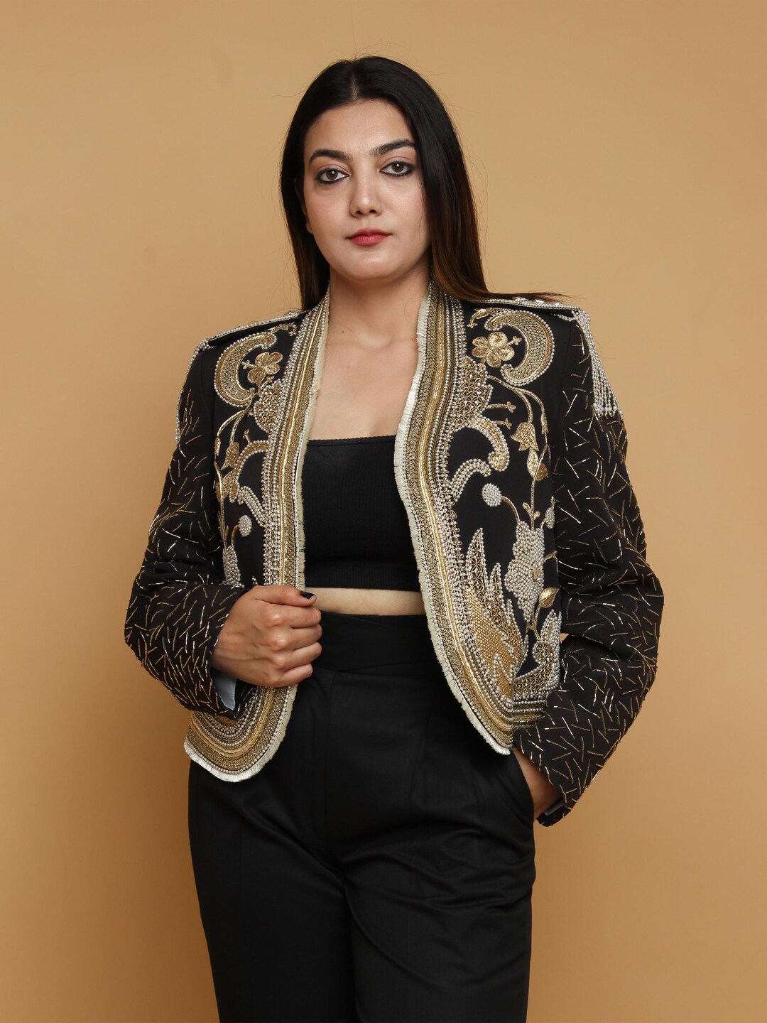 Women's Black Cropped Gala Jacket Custom Made Cotton Pearl Embellished ...