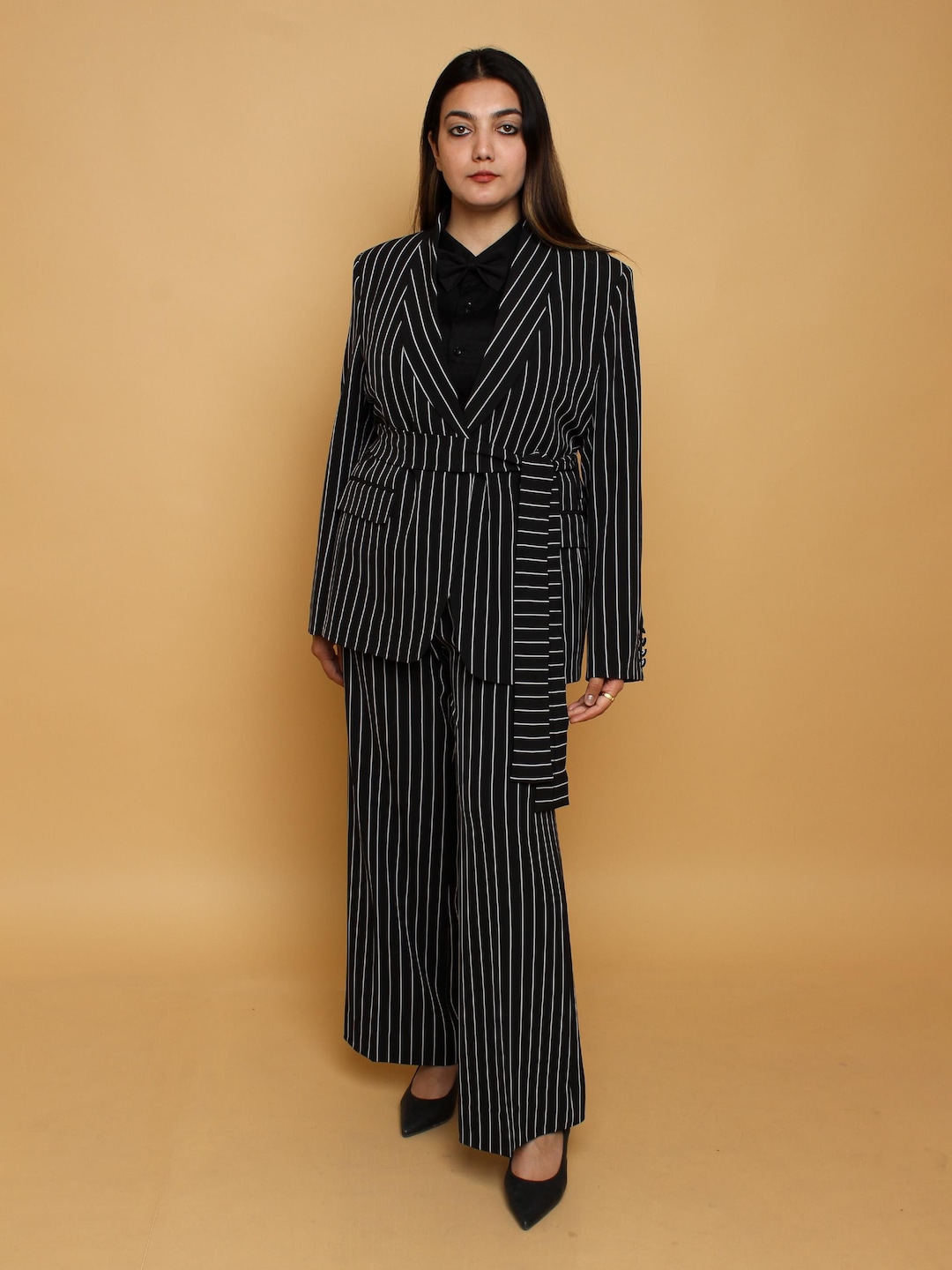 Women Bespoke 2 Piece Black Stripe Suit Overlap Shawl Lapel Blazer With ...