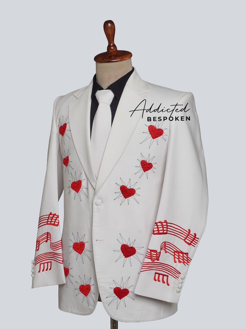 Embroidered Heart Prom Suit | White Cotton Blazer & Pants, Custom Made ...