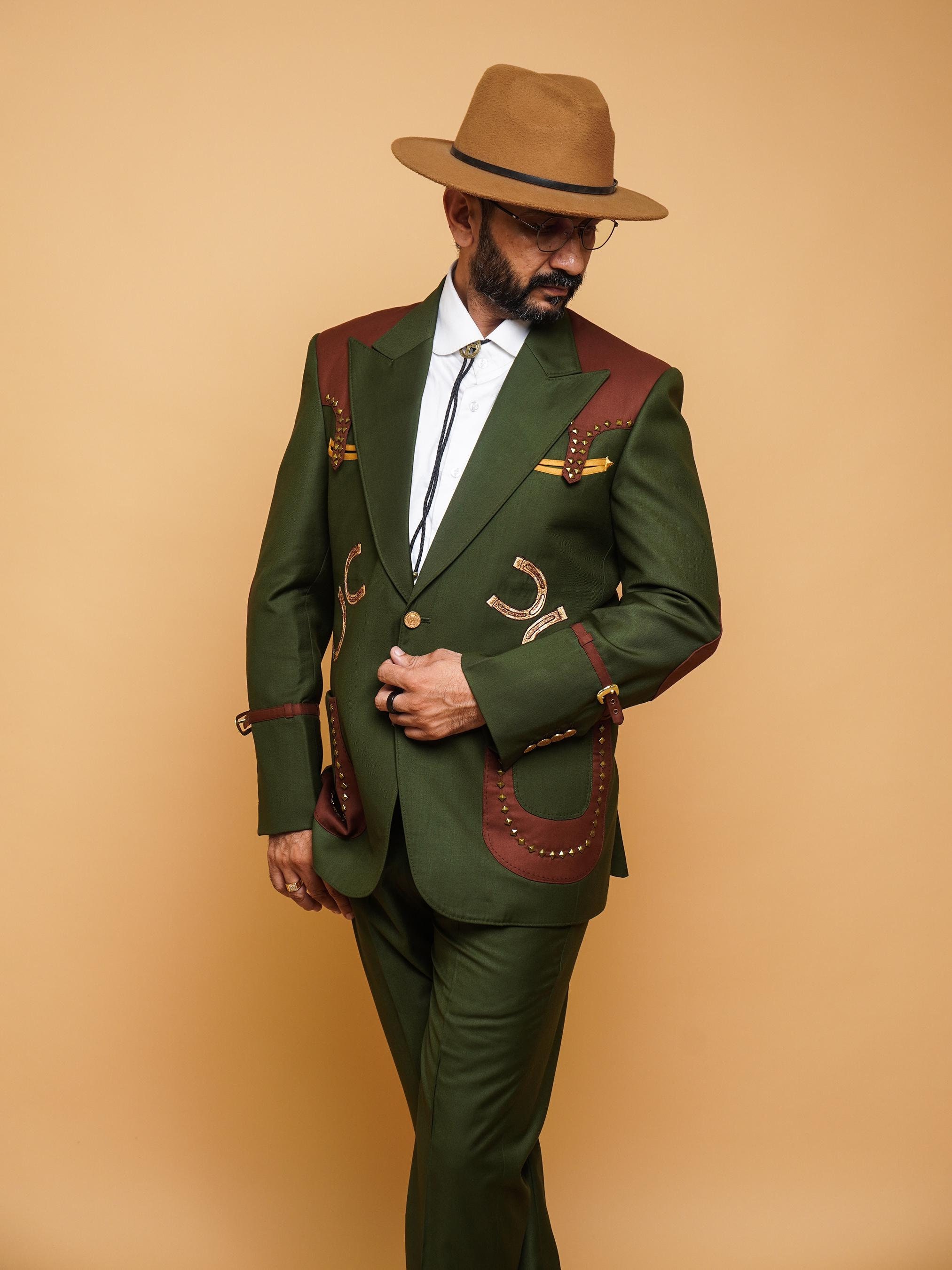 Men's 2 Piece Evergreen Wedding Cowboy Suit Custom Made Horseshoe ...