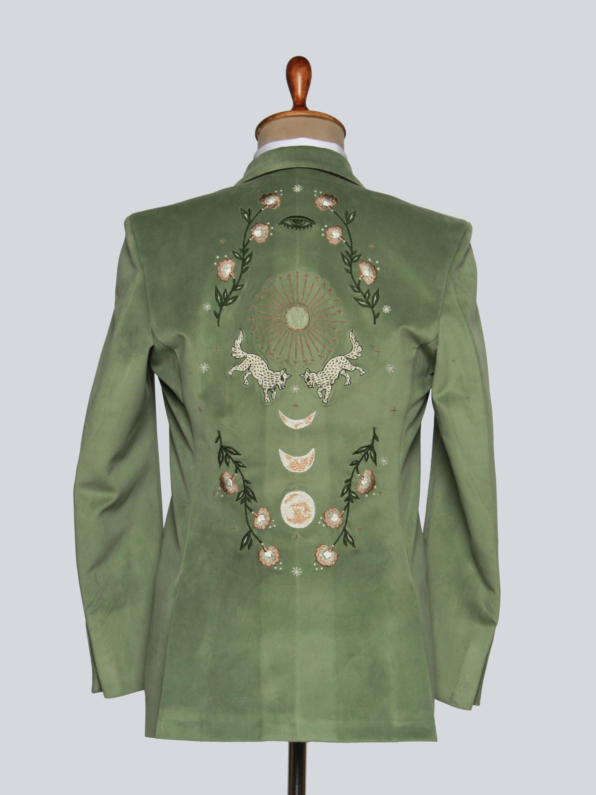 Celestial Western Suit – Pista Green Embroidered Moon & Sun Outfit ...