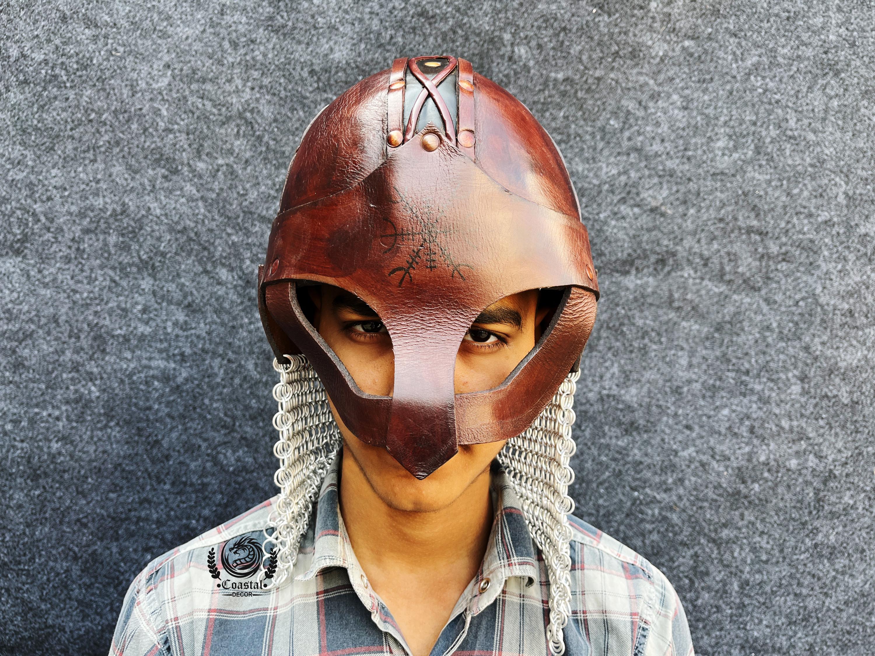 Medieval Vikings Leather Helmet With Chainmail Work | LARP Costume ...