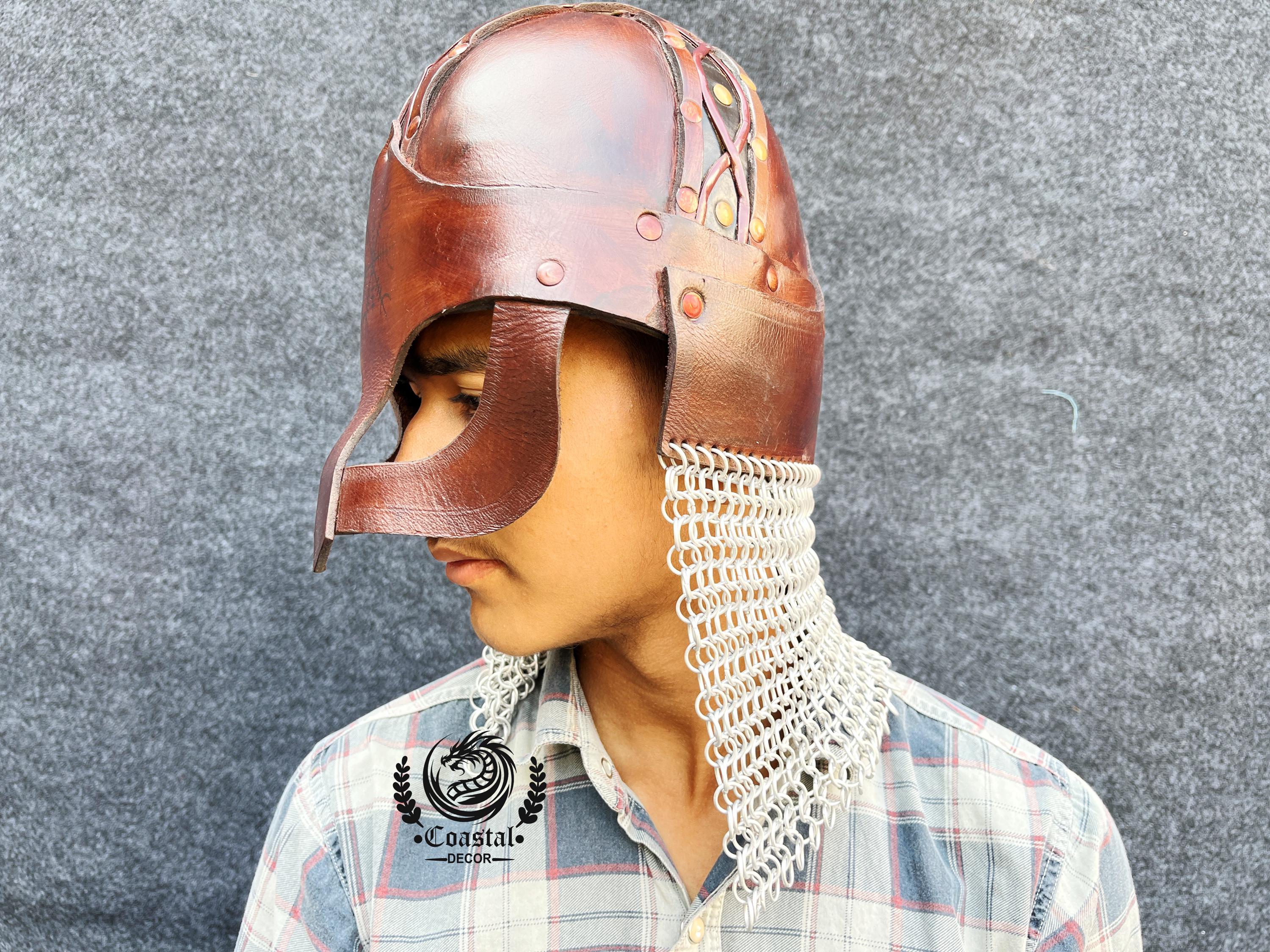 Medieval Vikings Leather Helmet With Chainmail Work | LARP Costume ...