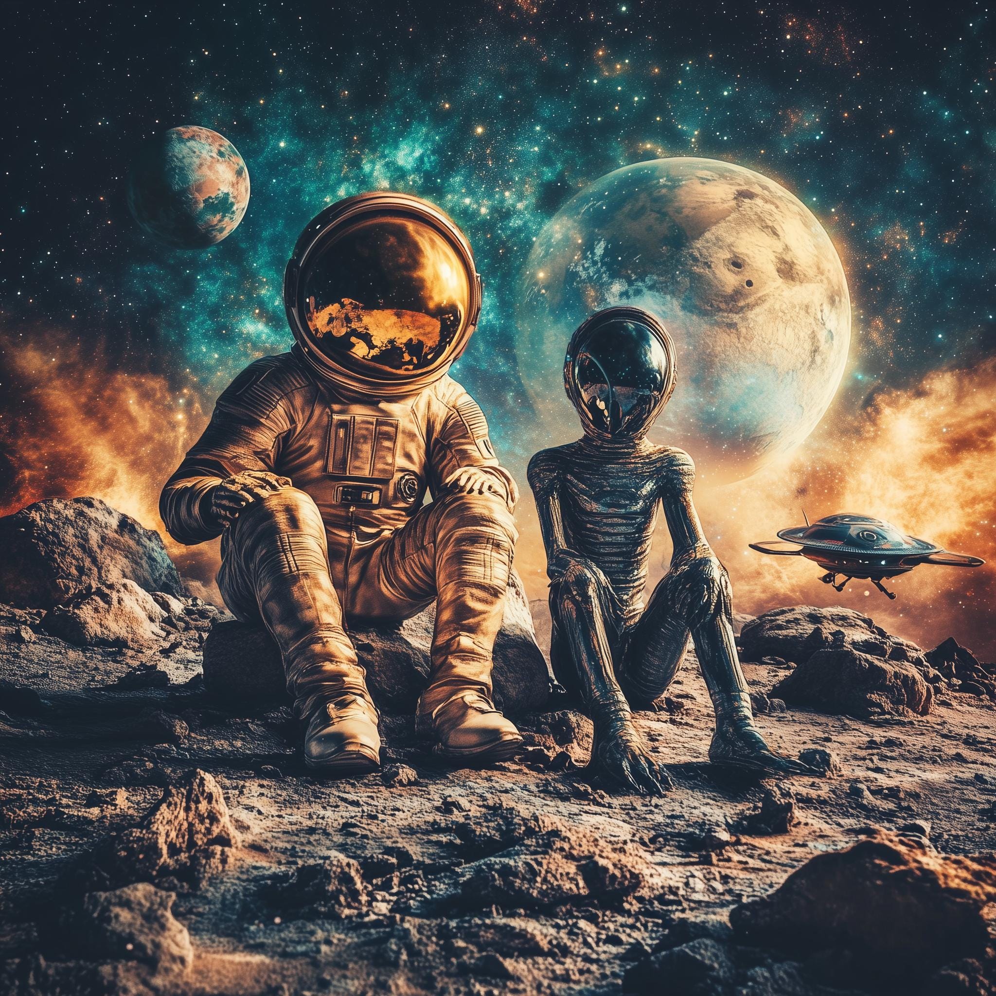 Digital Art of an Astronaut and an Alien Sitting Beside Each Other and ...