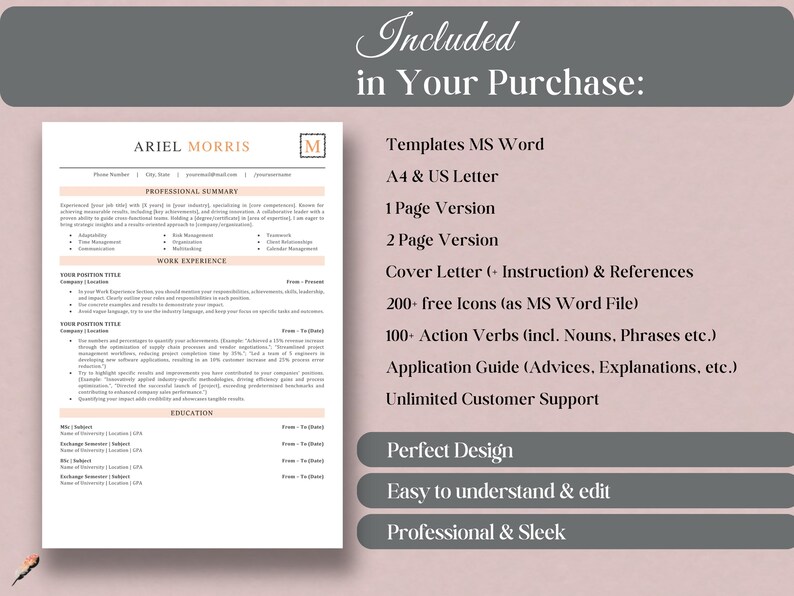 Modern Resume Template With Cover Letter and References (MS Word) - Etsy