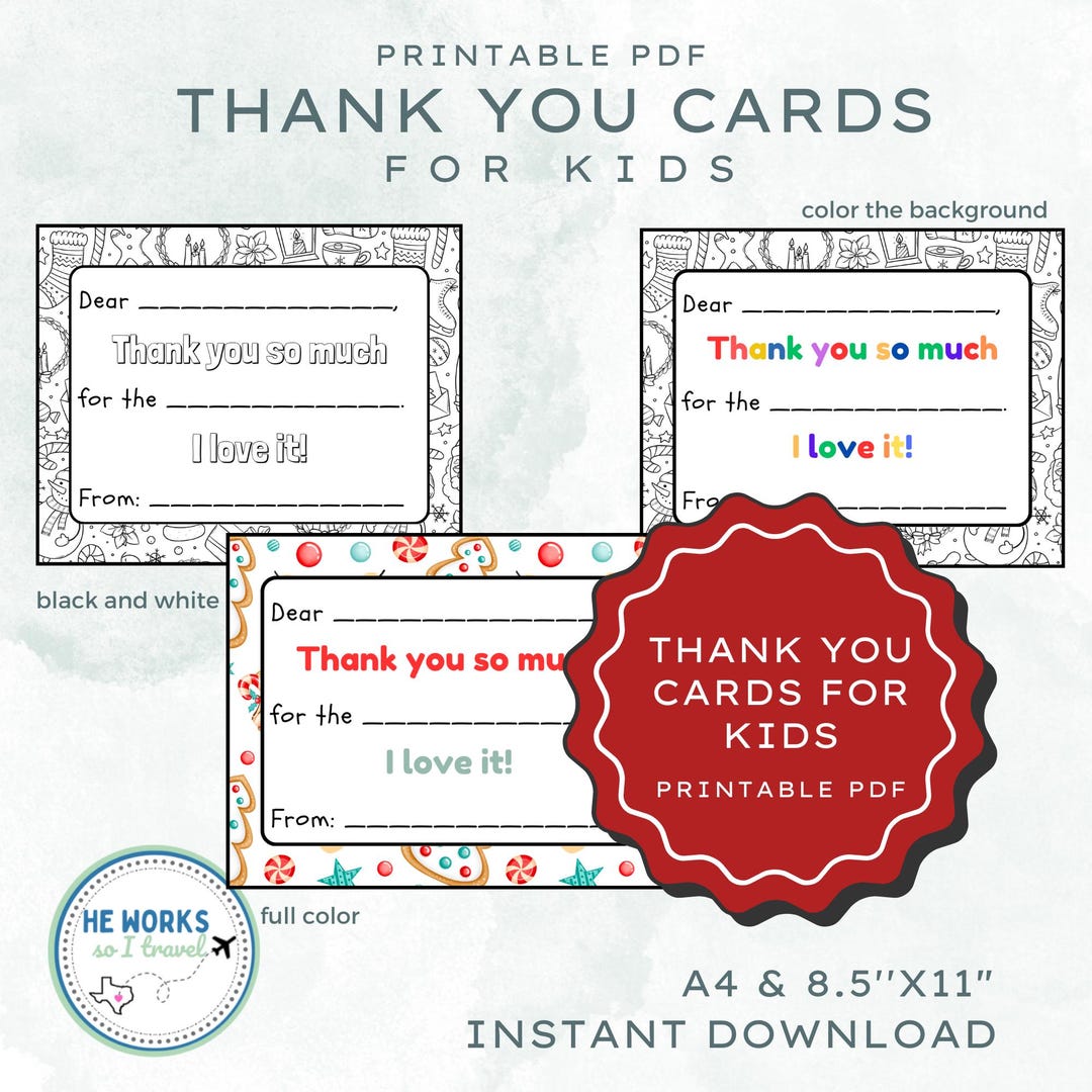 Printable Kids Thank You Notes: Christmas Fill-in Cards (digital ...