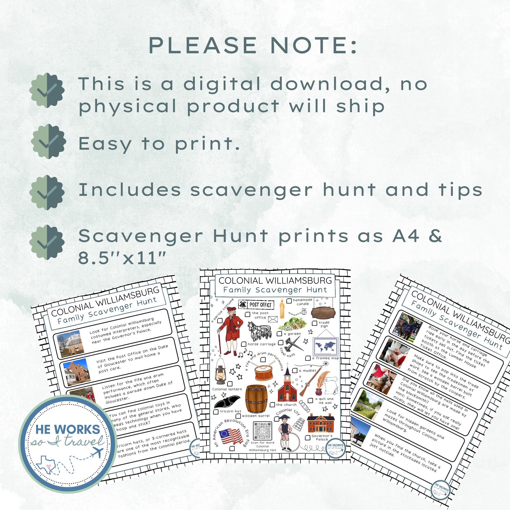 Colonial Williamsburg Scavenger Hunt Printable – Fun Family Activity ...