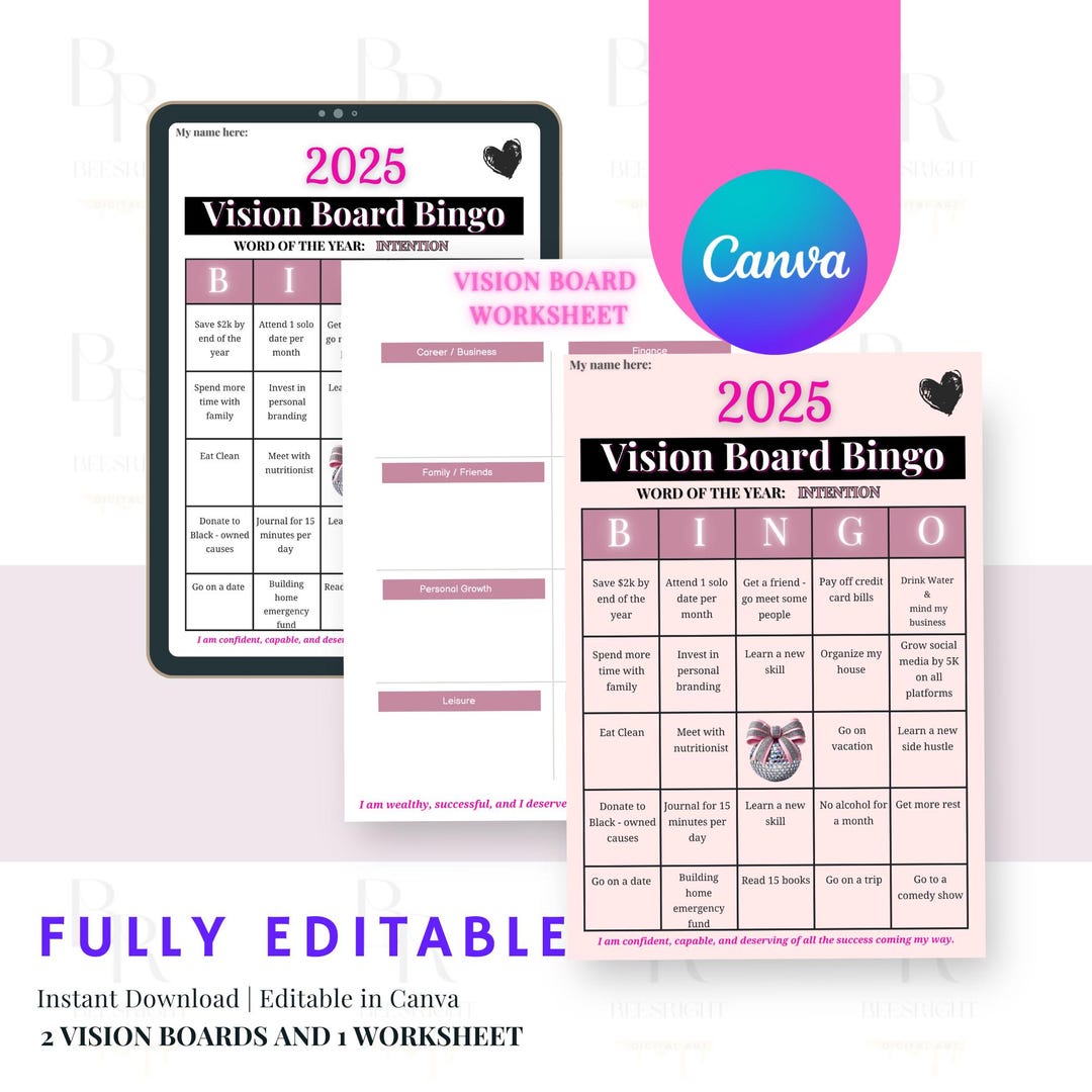 2025 Vision Bingo Board Bundle, Bingo Card, Manifestation Goal Setting ...