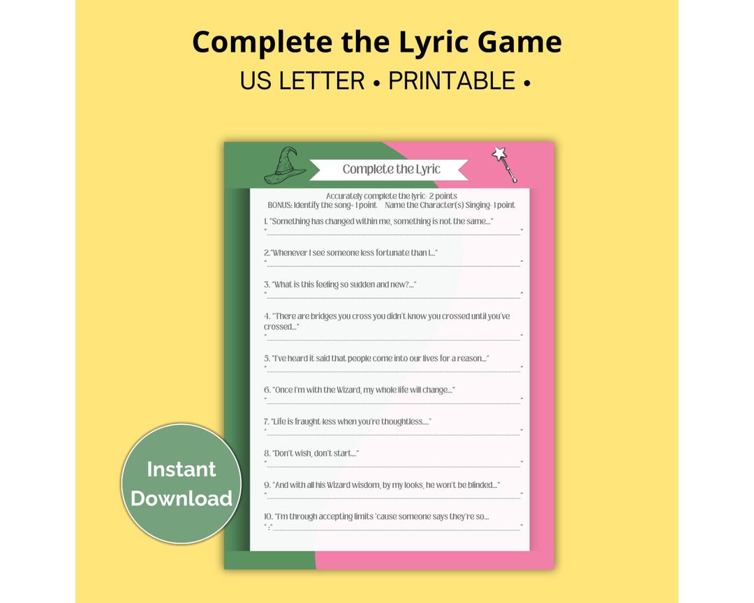 Complete the Lyric Game - Etsy