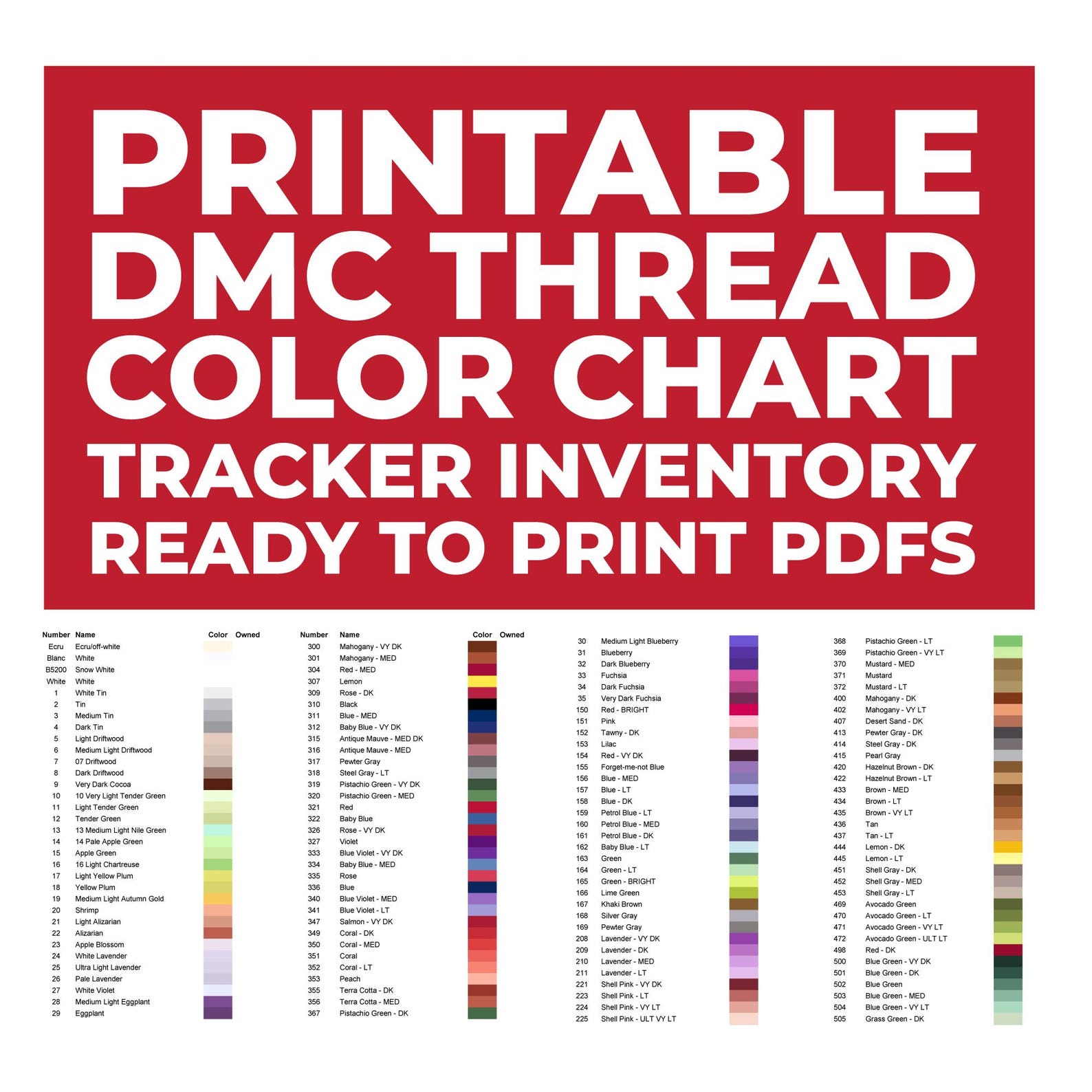 600 Printable DMC Thread Color Chart Tracker Inventory Sheet PDF Ready ...