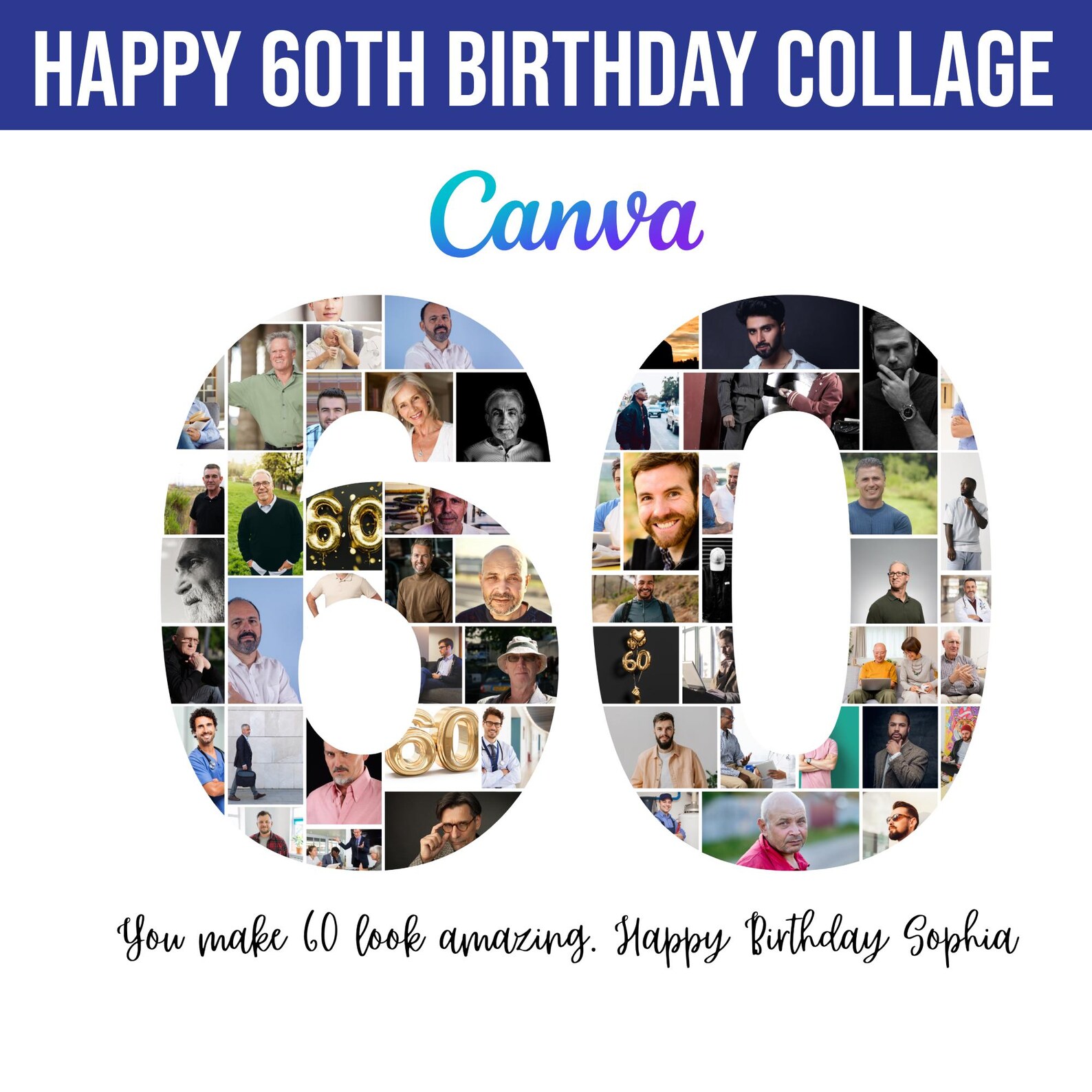 60th Birthday Photo Collage Template, Number 60 Collage, 60th Collage ...