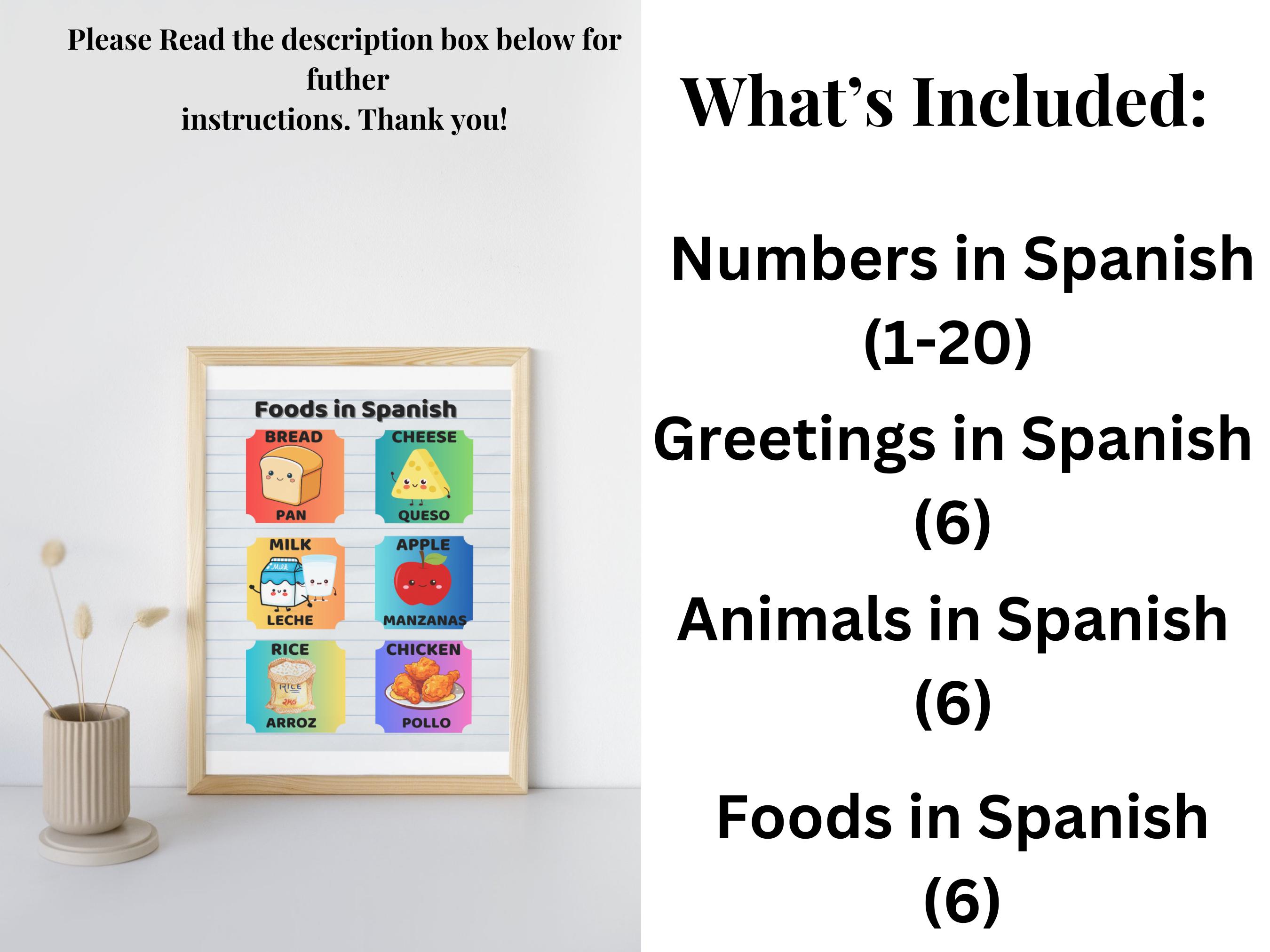 Bilingual Learning Posters: Spanish Numbers, Animals, Foods (PDF ...